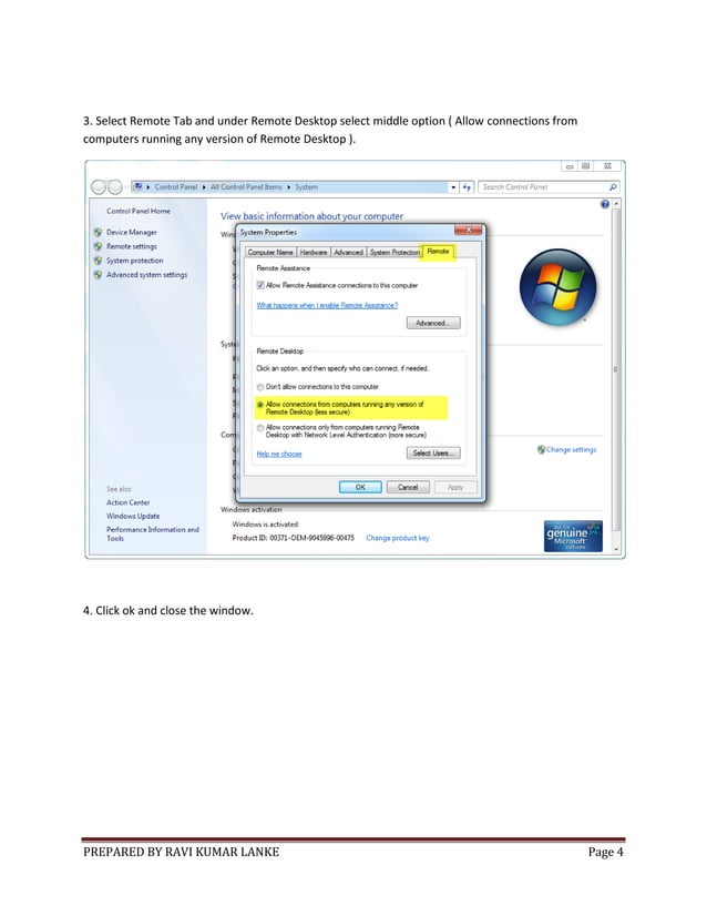 Enabling Remote Desktop Connection On Windows 7 64 Bit Pdf Desktops Computing