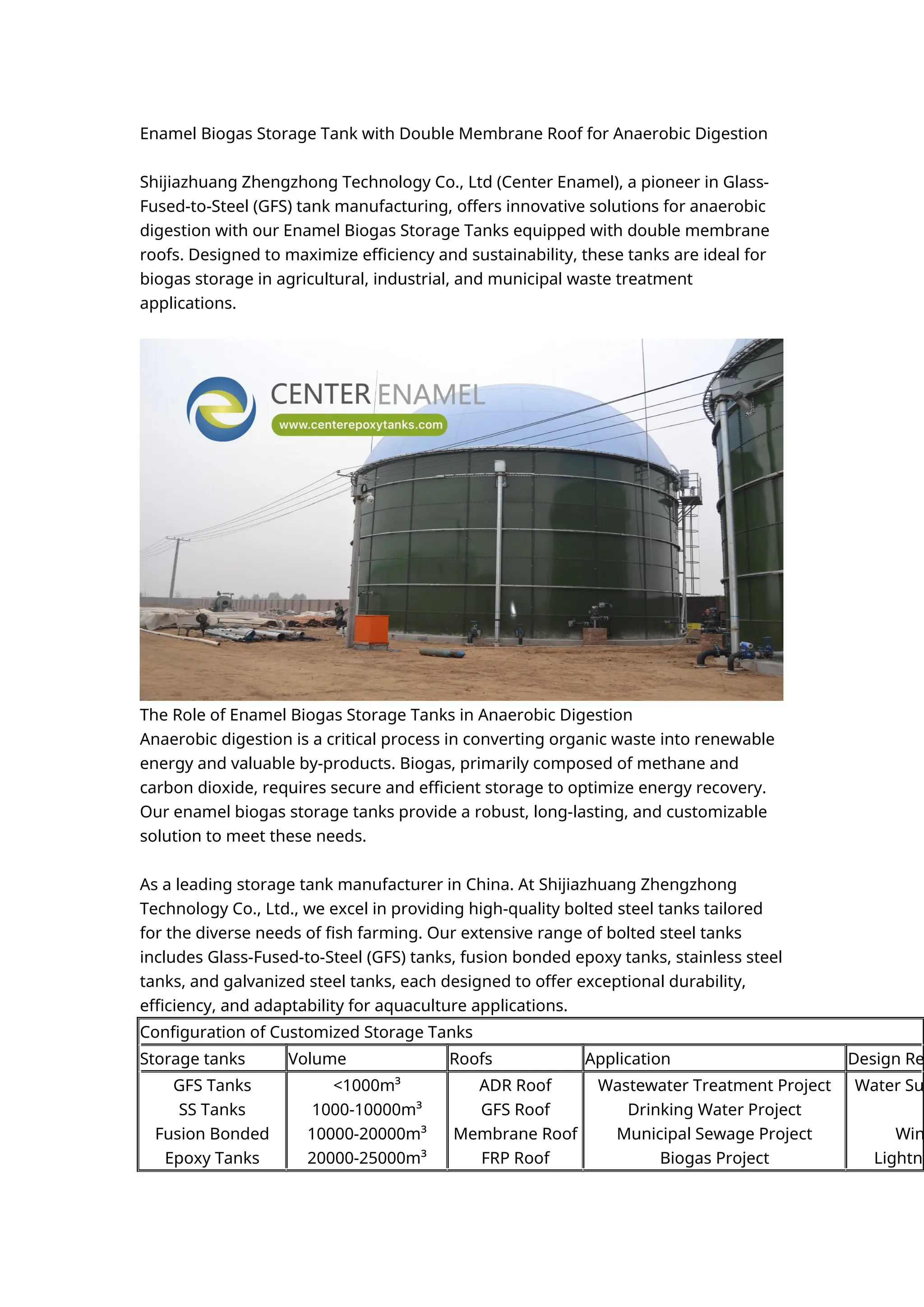 Enamel Biogas Storage Tank with Double Membrane Roof for Anaerobic ...