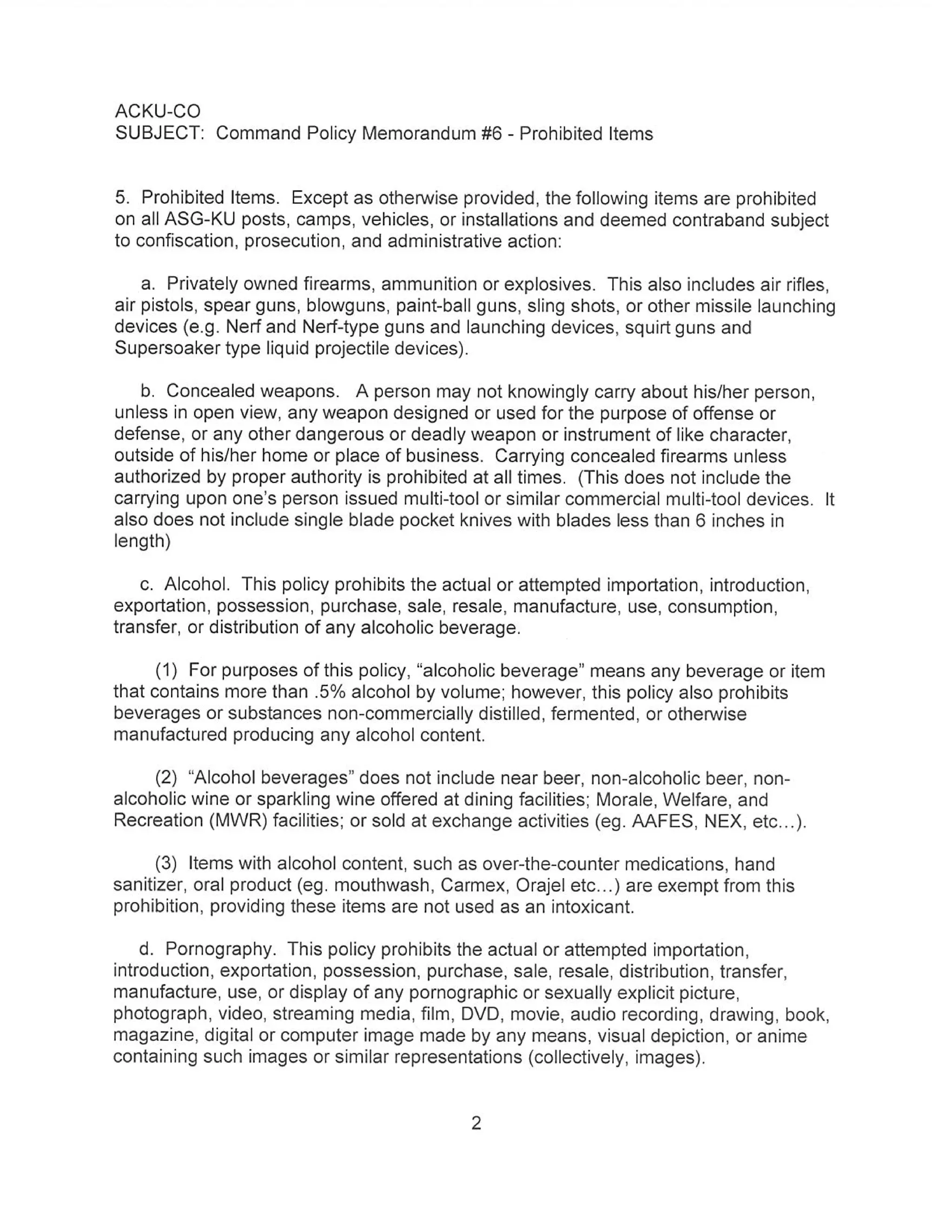 Encl 1 policy letter 06 prohibited items1 | PDF