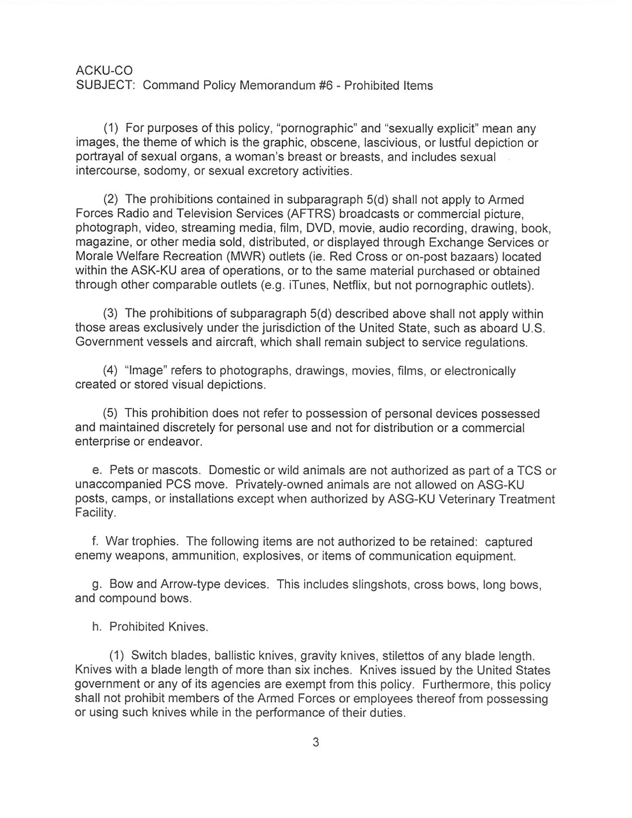 Encl 1 policy letter 06 prohibited items1 | PDF