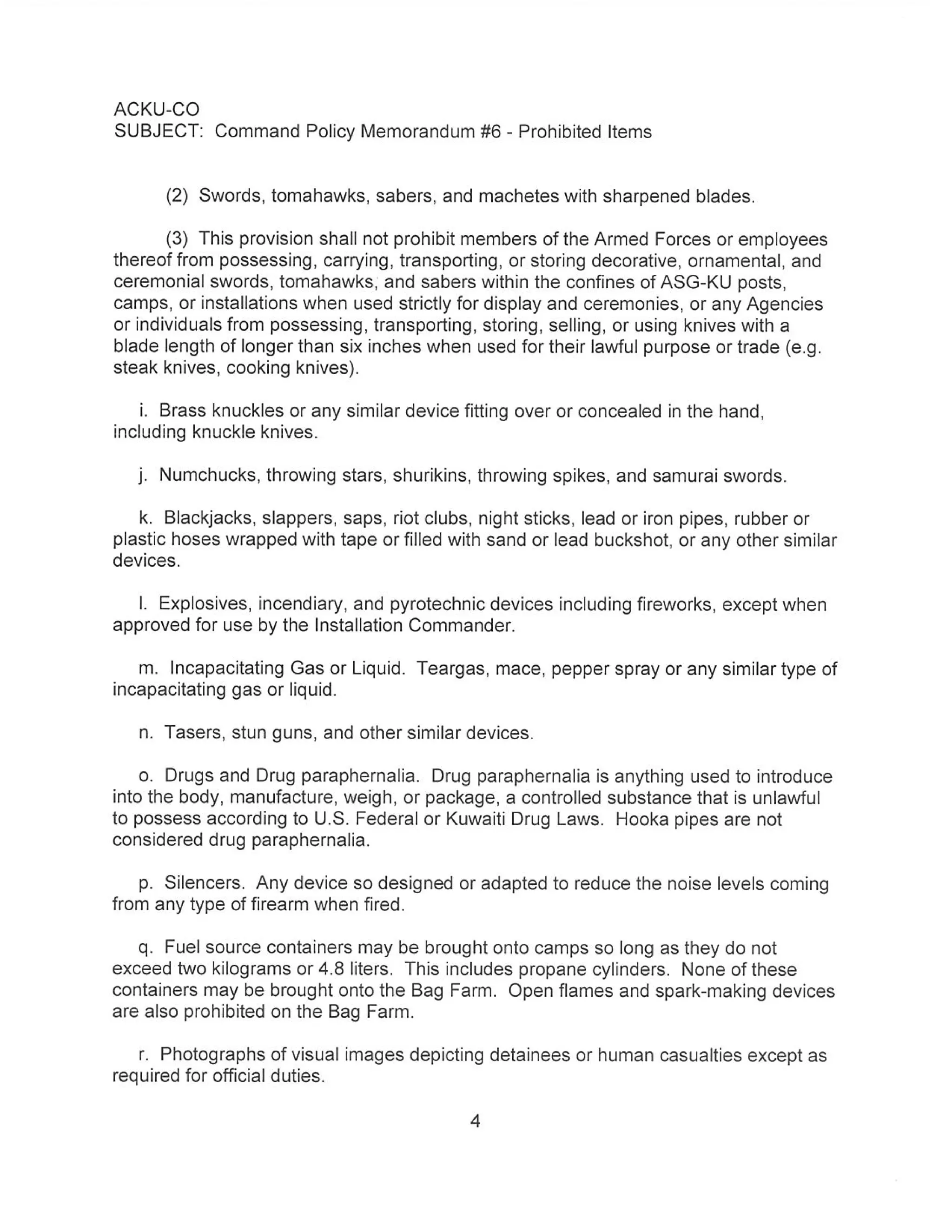 Encl 1 policy letter 06 prohibited items1 | PDF