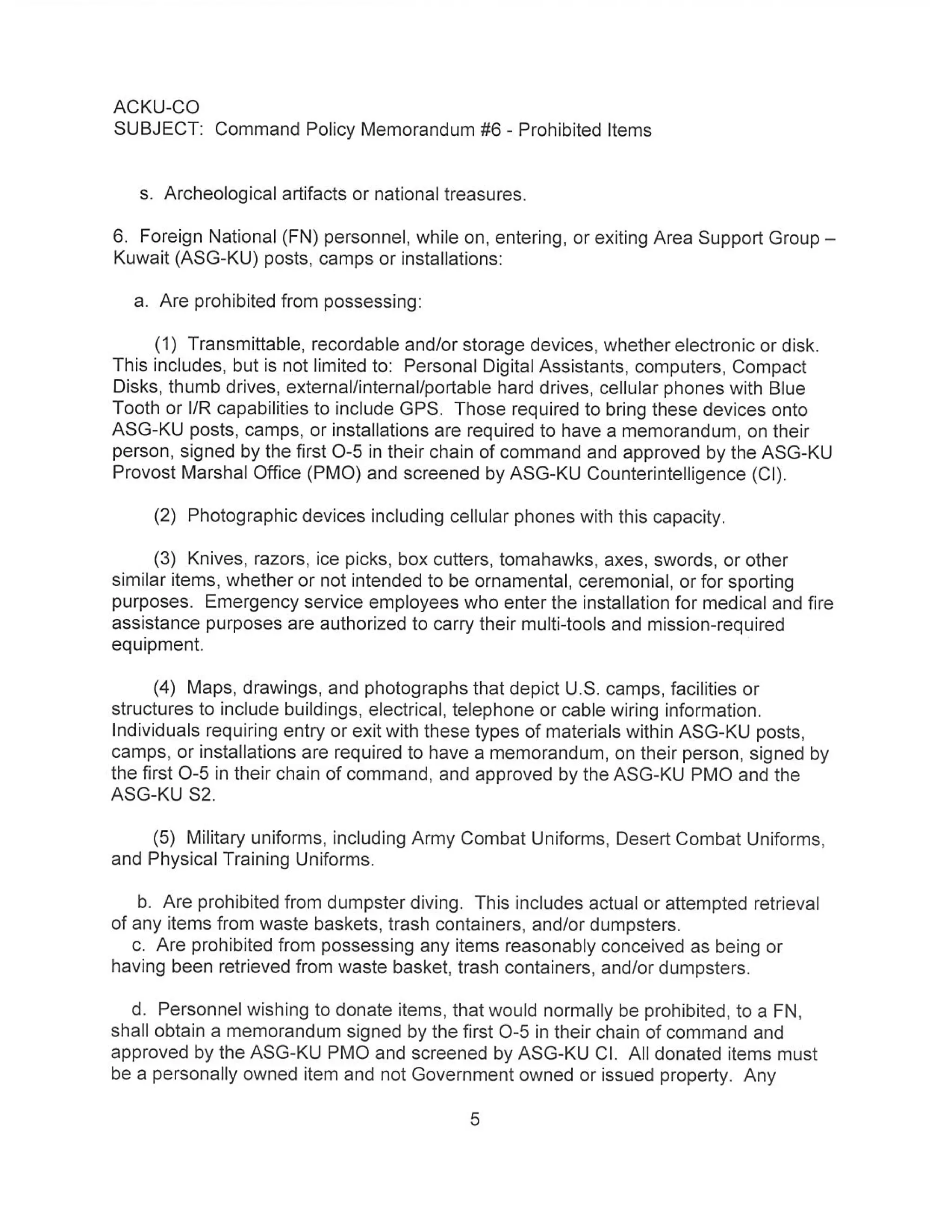 Encl 1 policy letter 06 prohibited items1 | PDF