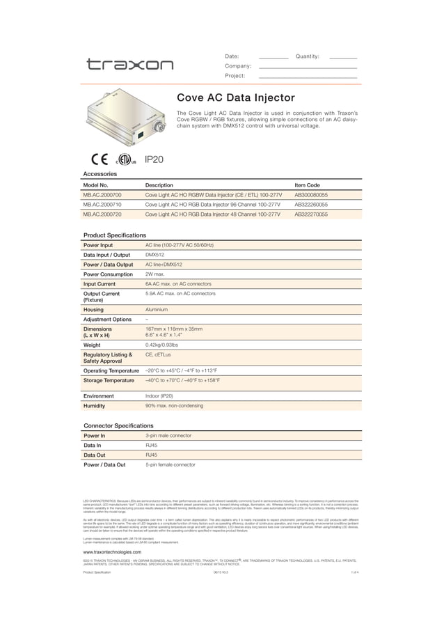 Traxon Cove Light AC Data Injector Specification | PDF | Internet of ...
