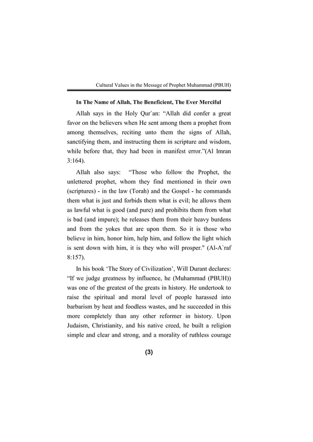 Cultural values in the message of Prophet Muhammad ﷺ | PDF