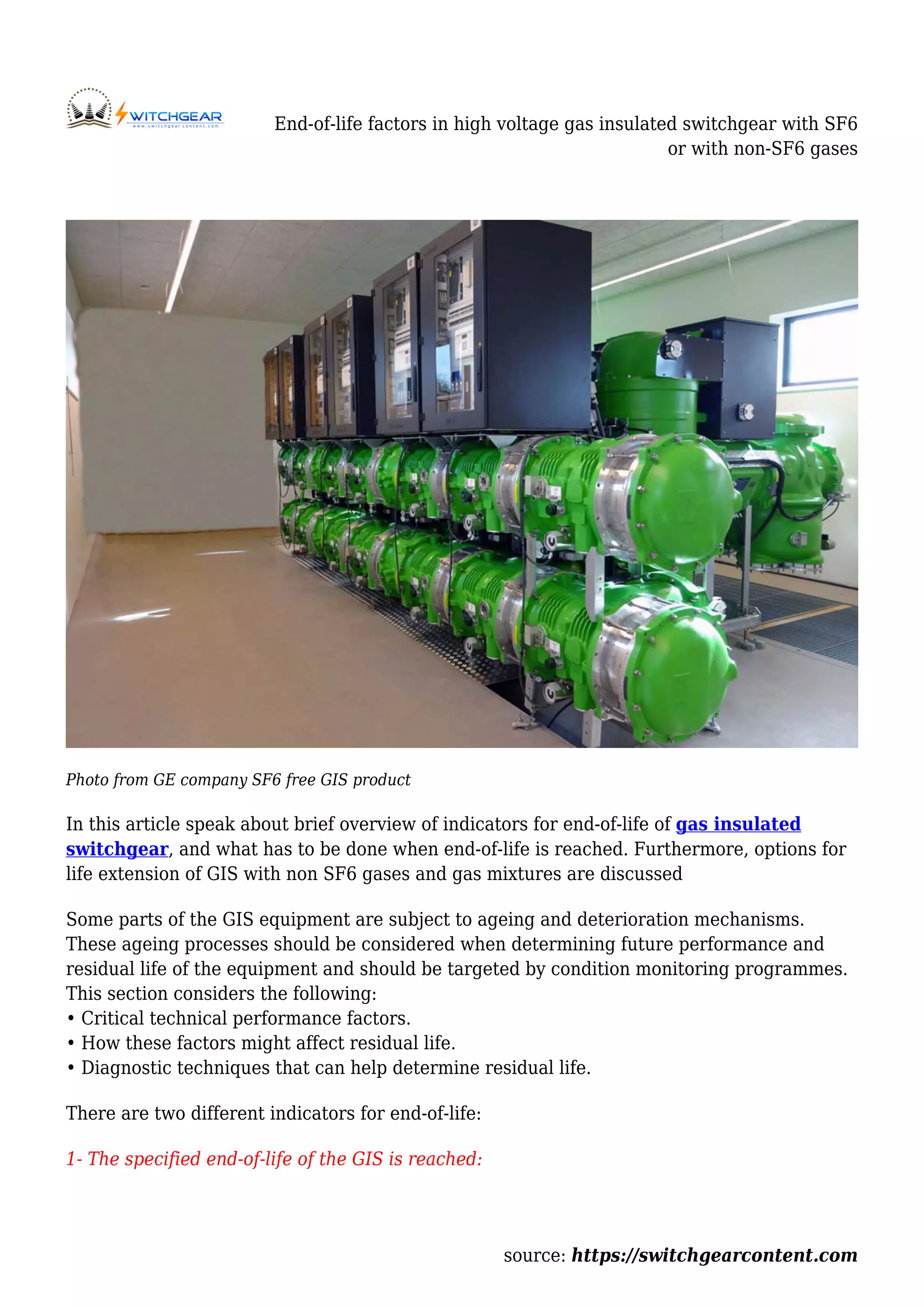 End of-life factors in high voltage gas insulated switchgear with sf6 ...