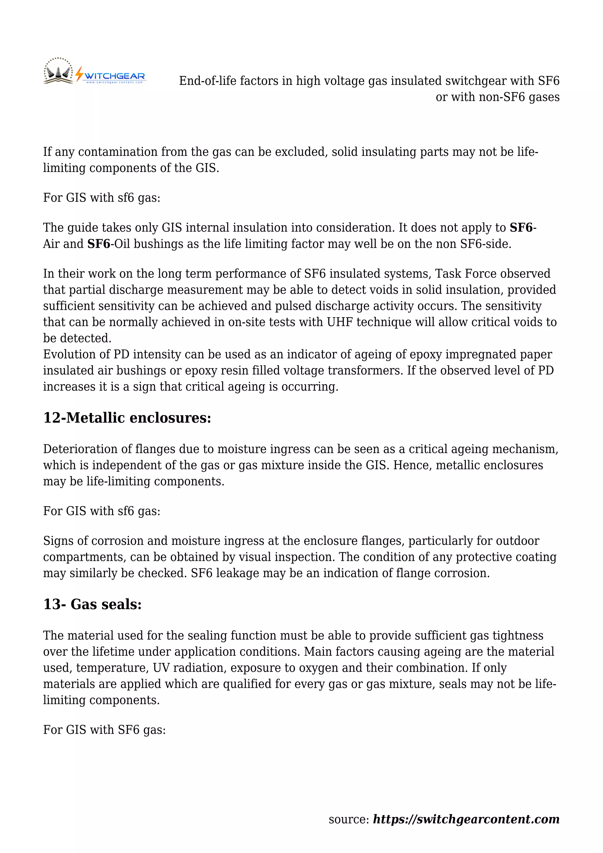 End of-life factors in high voltage gas insulated switchgear with sf6 ...