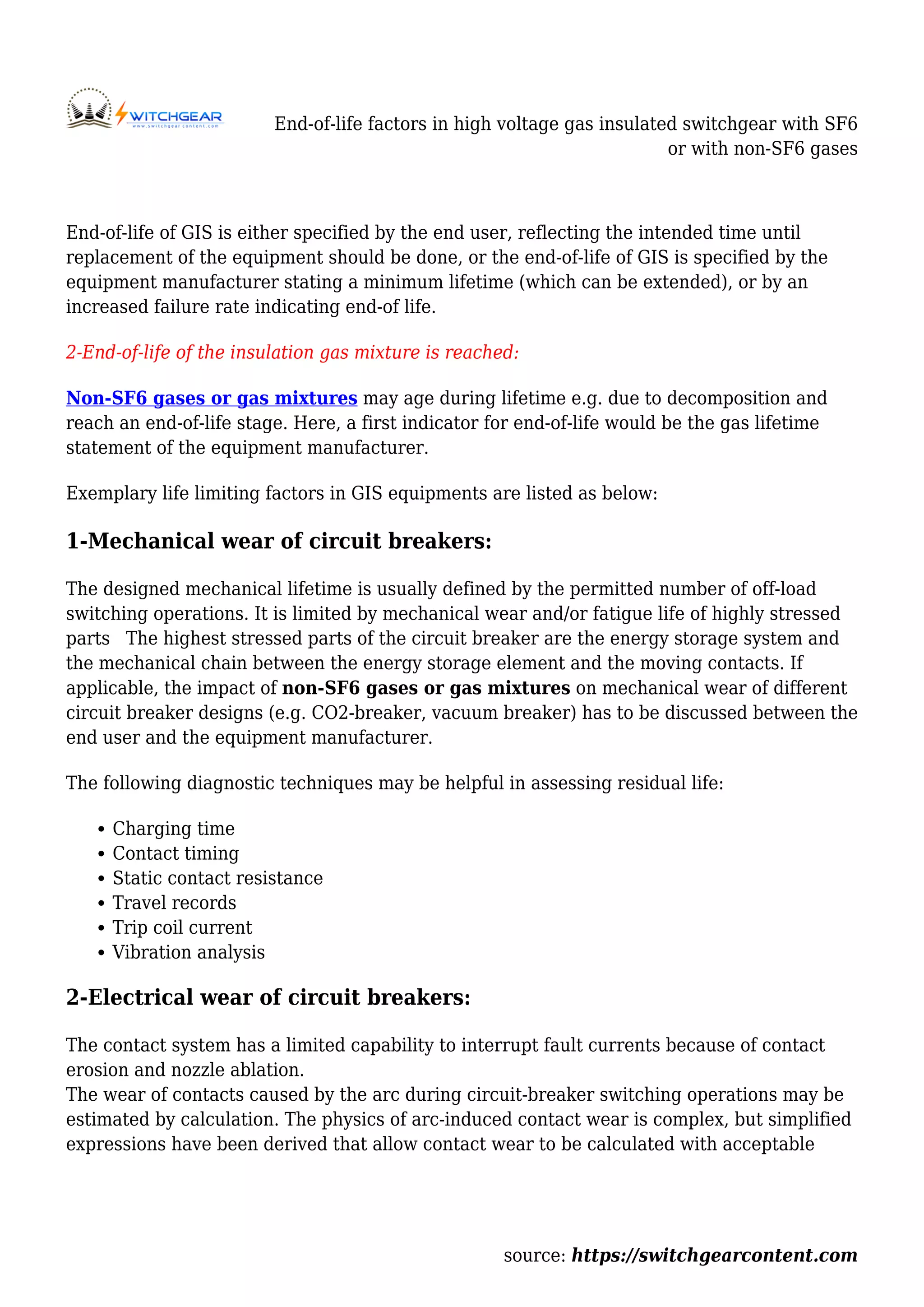 End of-life factors in high voltage gas insulated switchgear with sf6 ...