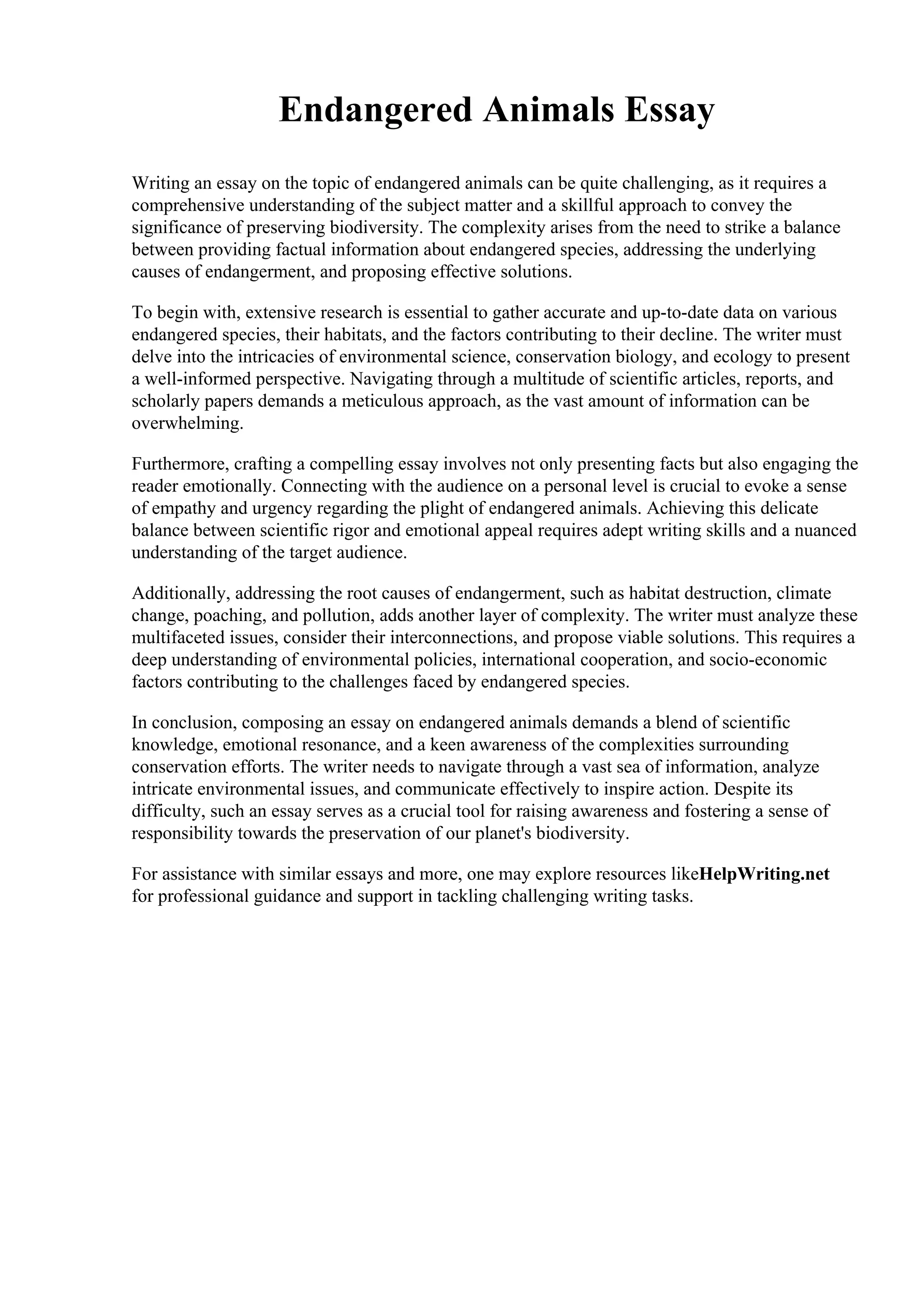 Endangered Animals Essay. Montana State University-Northern | PDF