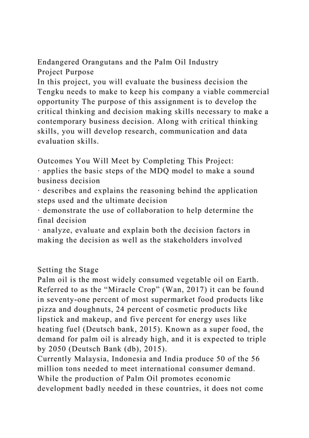 Endangered Orangutans and the Palm Oil IndustryProject Purpose.docx
