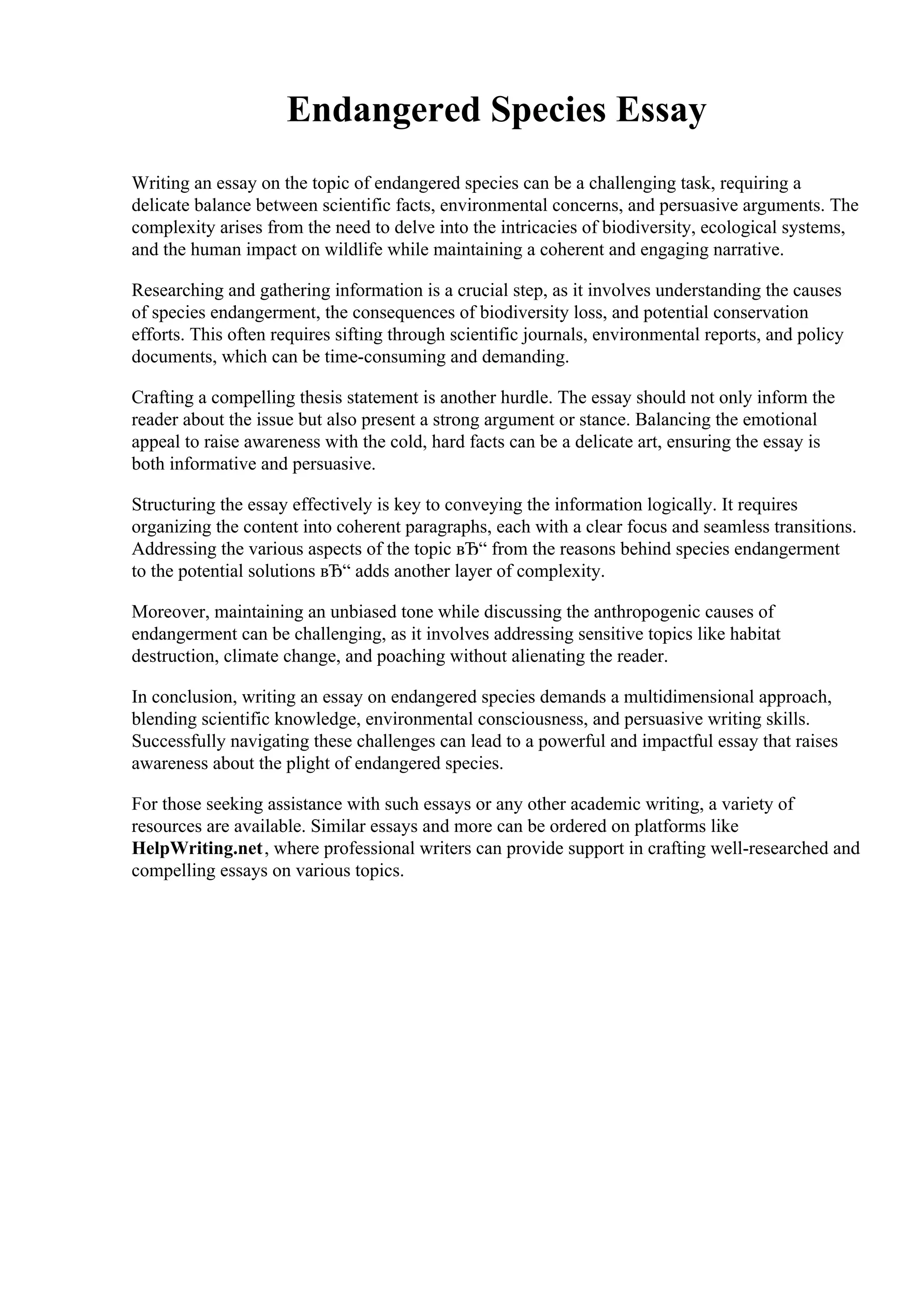 Endangered Species Essay. Johnston Community College | PDF