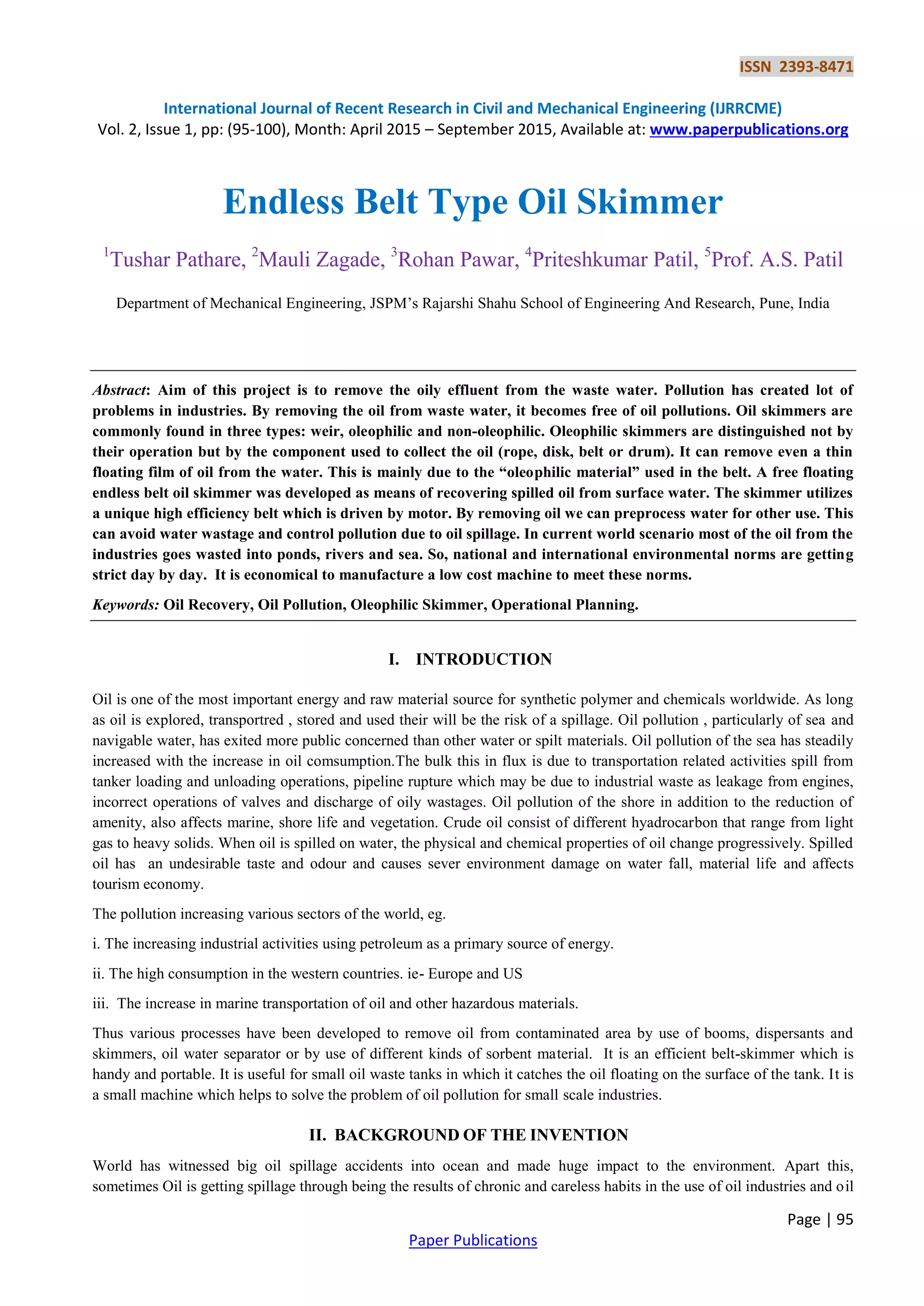 Endless Belt Type Oil Skimmer | PDF