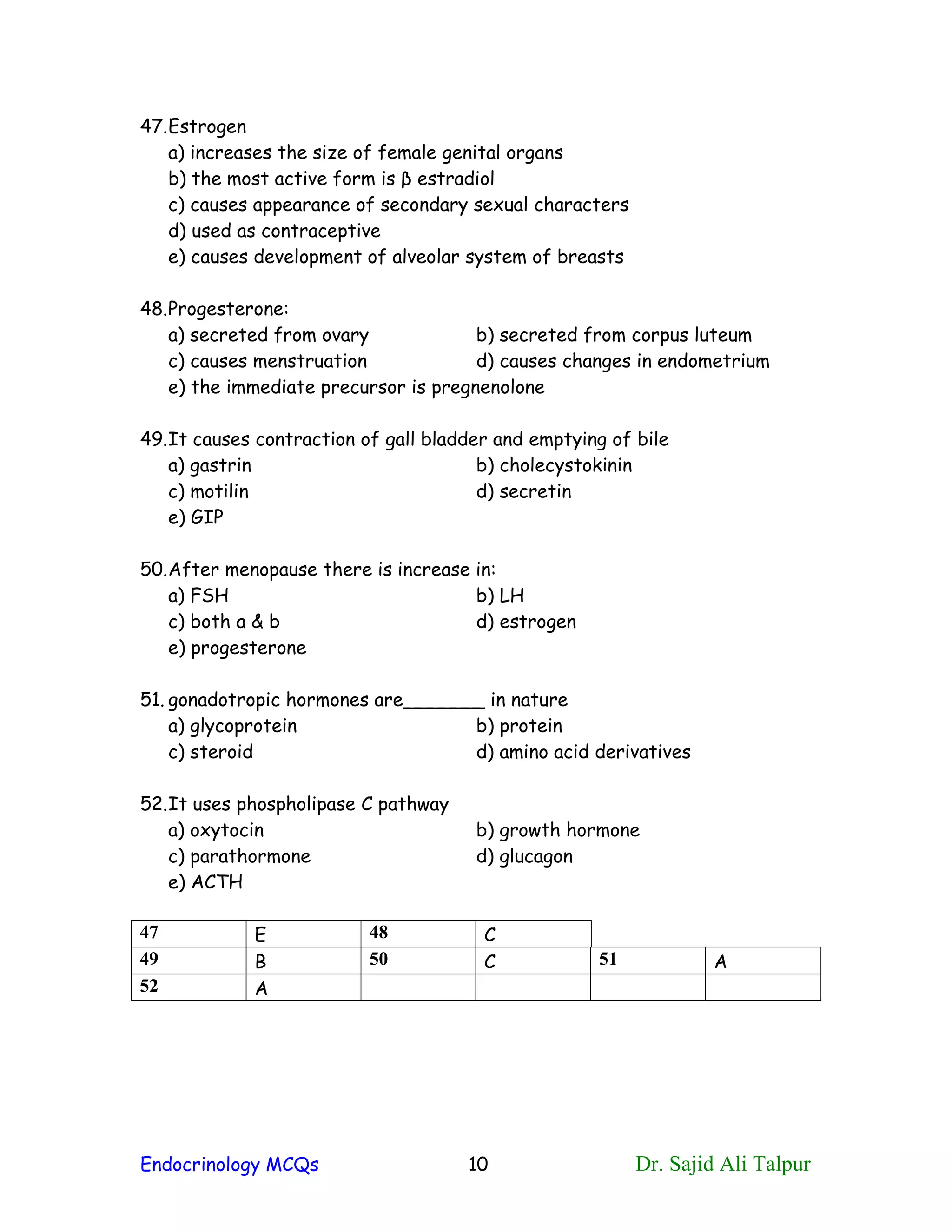 Endocrinology - Hormones MCQs | DOC