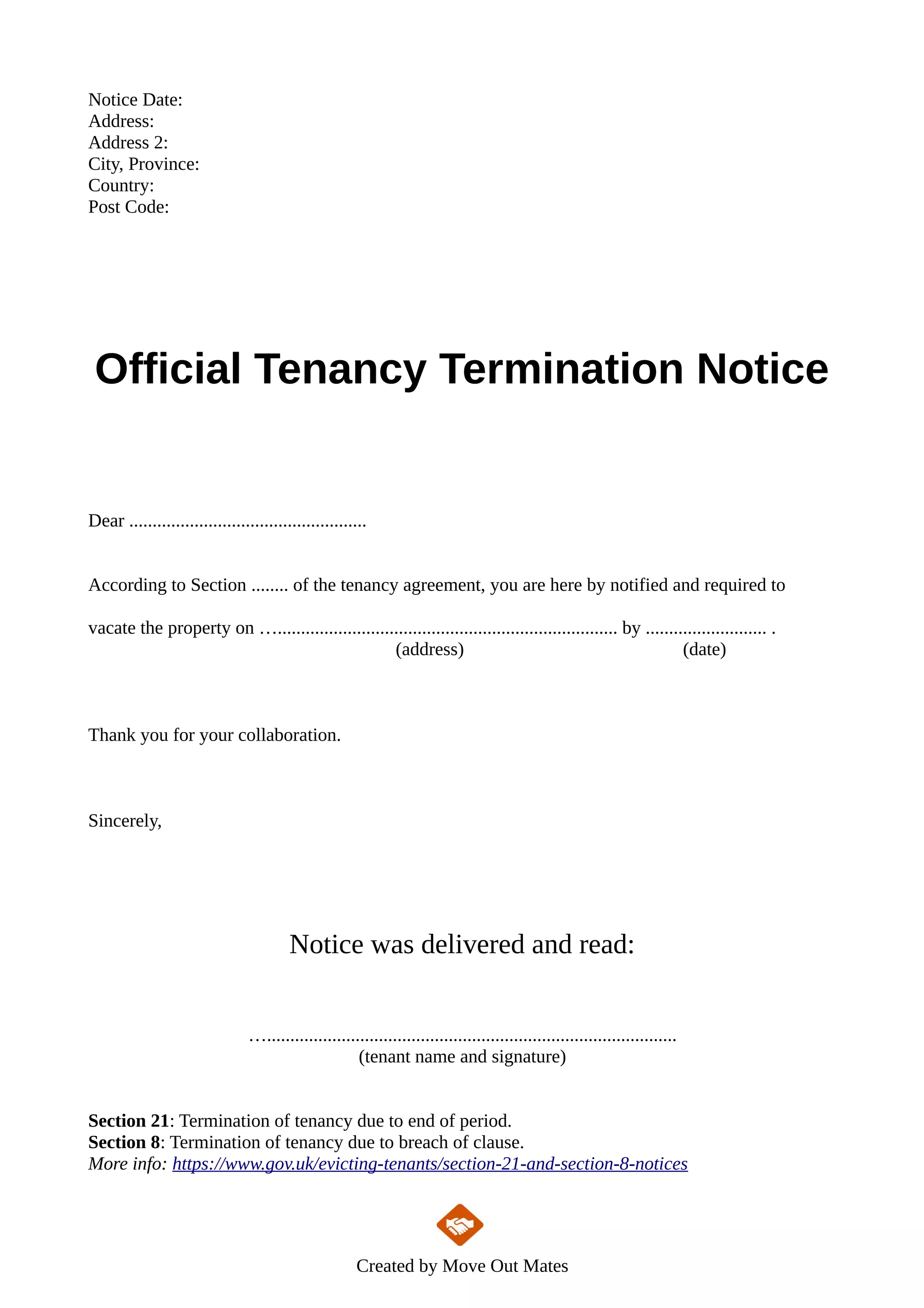 End of tenancy letter template from landlord to tenant | PDF