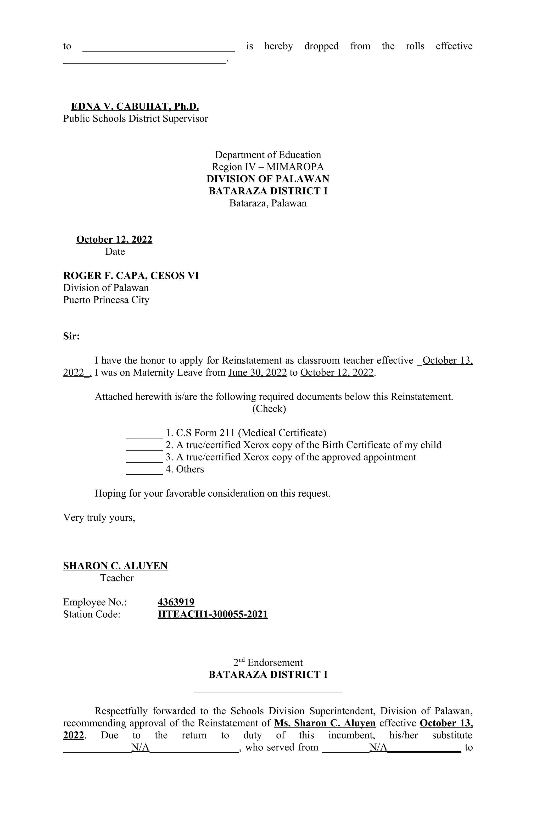 ENDORSEMENT FOR REINSTATEMENT FROM MATERNITY LEAVE.docx