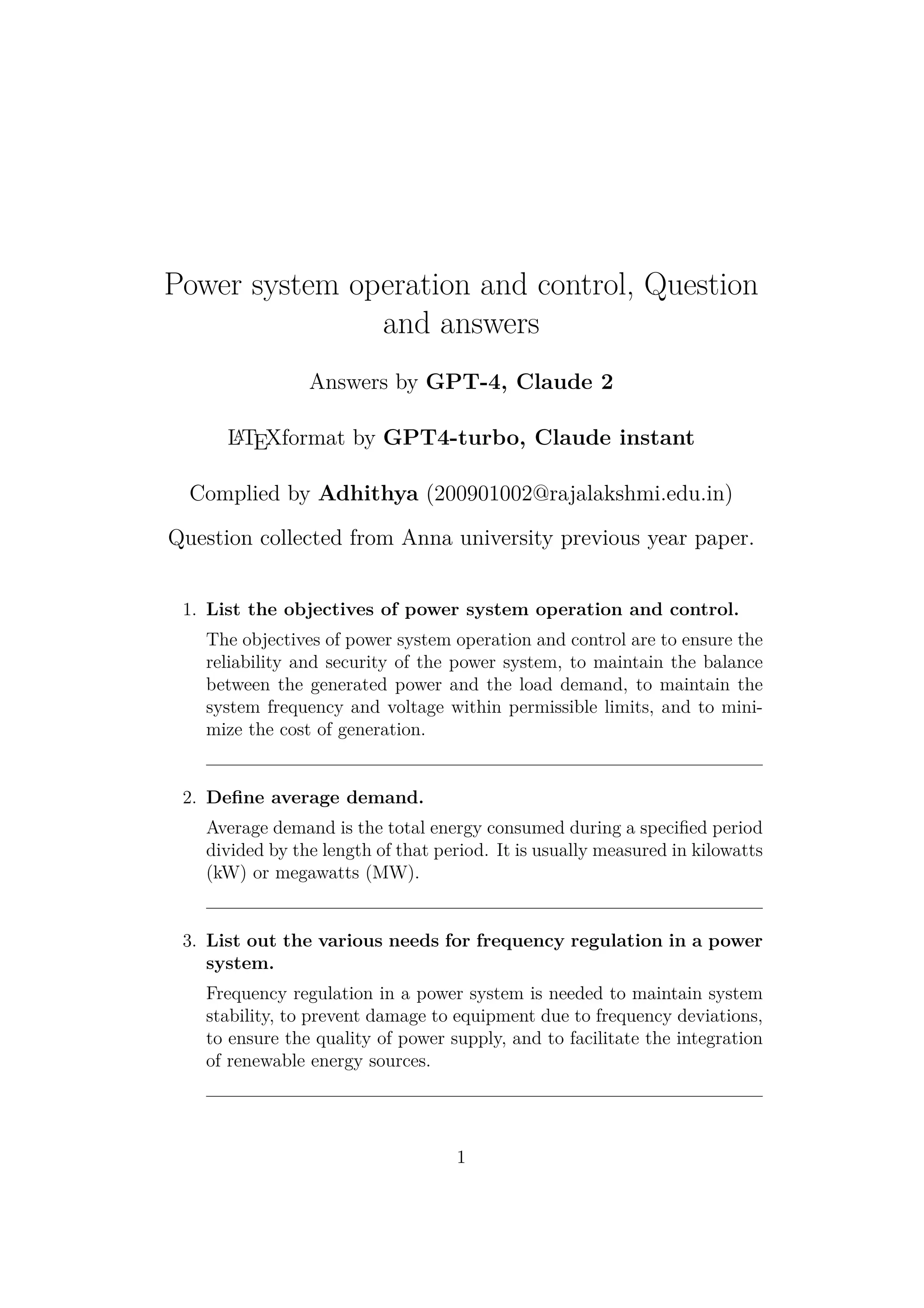 Power system operation Question and answers | PDF