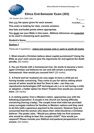LTCi Christian Ethics, End semester exam | PDF
