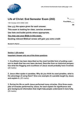 LTCi Life of Christ, End semester exam | PDF