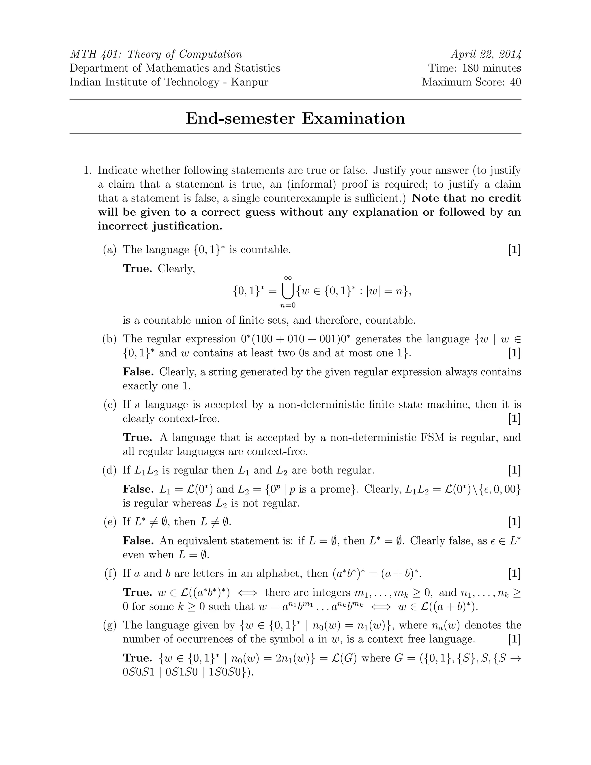 End semexam | Theory of Computation | Akash Anand | MTH 401A | IIT Kanpur | PDF