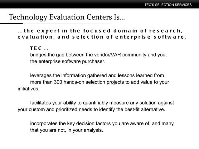 TEC - Evaluation & Selection Methodology | PPT | Business | Business and Finance