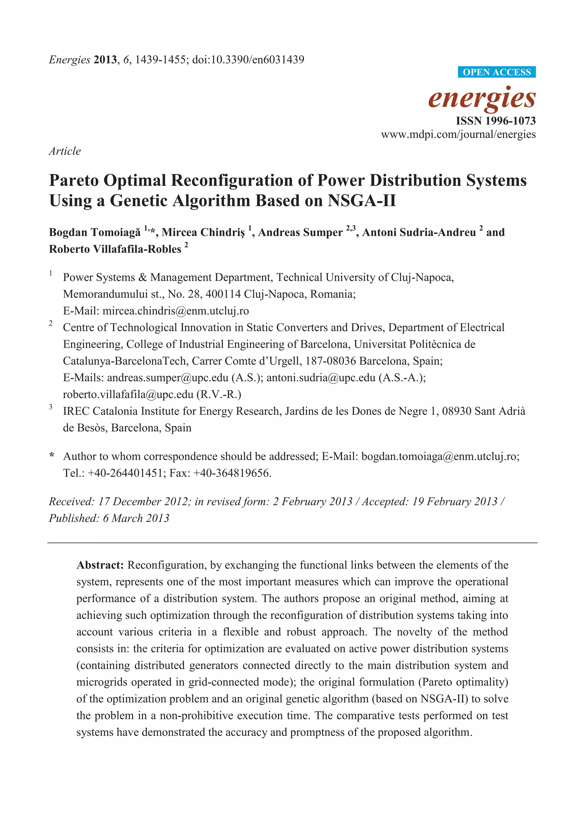 Pareto Optimal Reconfiguration of Power Distribution Systems Using a Genetic Algorithm Based on ...