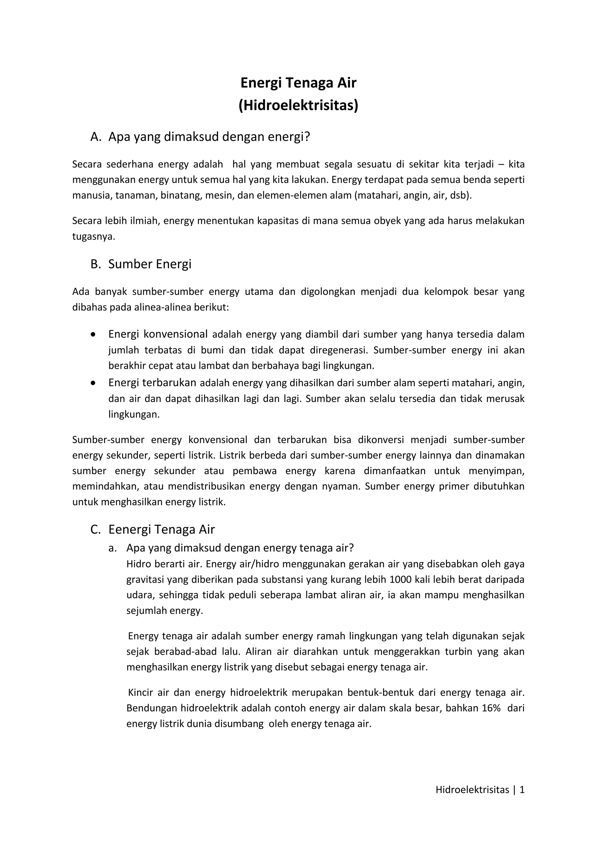 Energi tenaga air hidroelektrisitas | DOCX