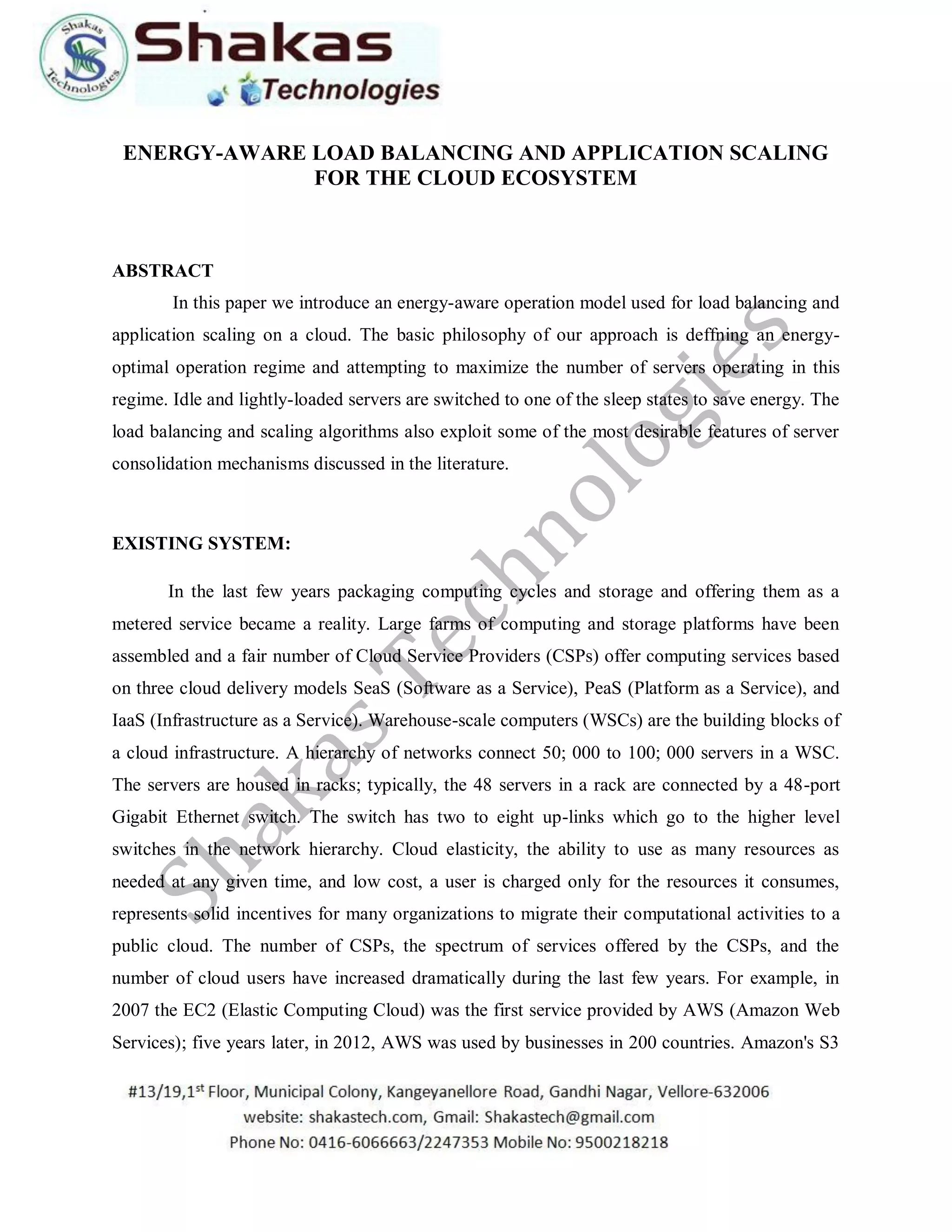 ENERGY-AWARE LOAD BALANCING AND APPLICATION SCALING FOR THE CLOUD ECOSYSTEM | PDF