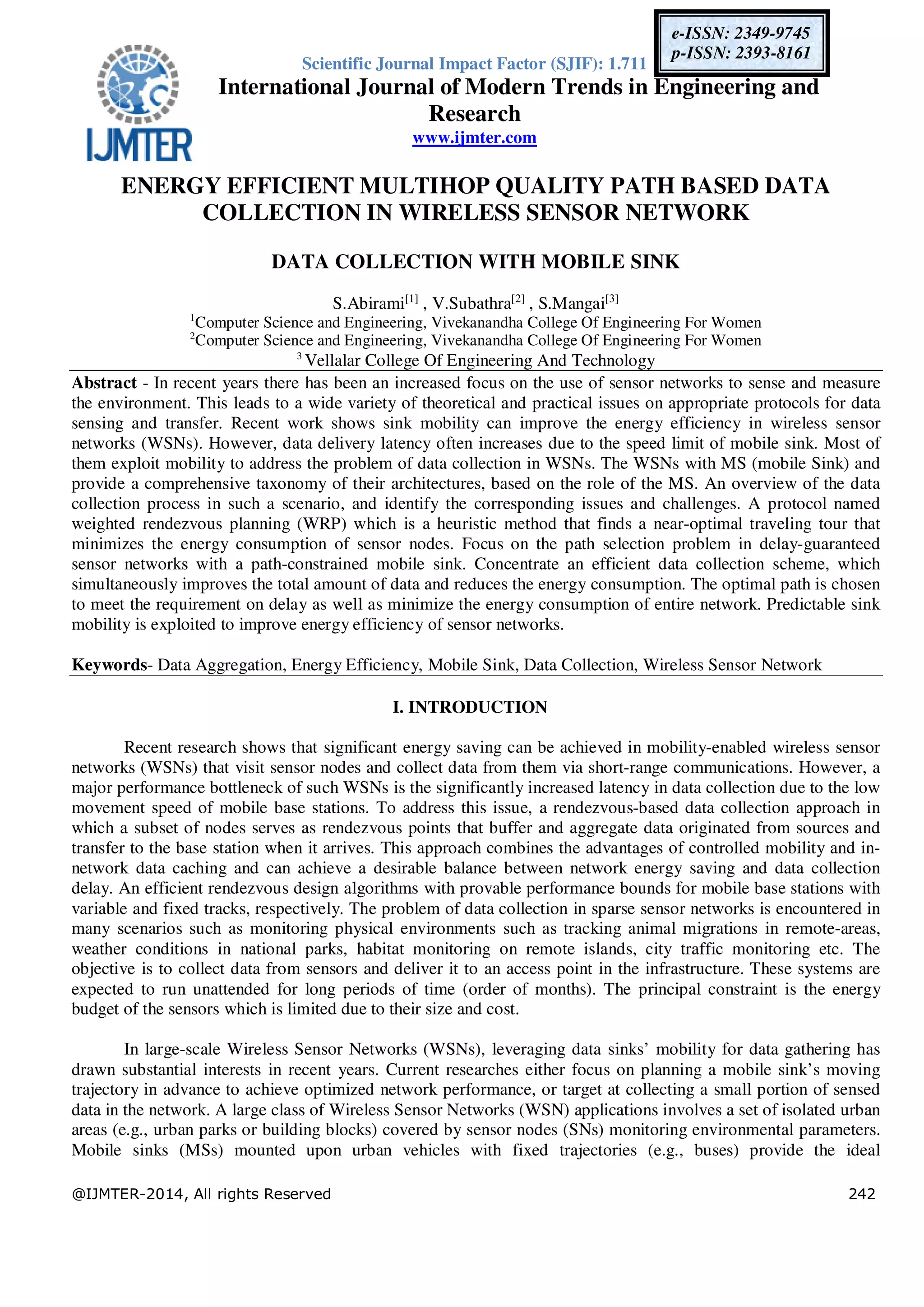 ENERGY EFFICIENT MULTIHOP QUALITY PATH BASED DATA COLLECTION IN WIRELESS SENSOR NETWORK DATA ...