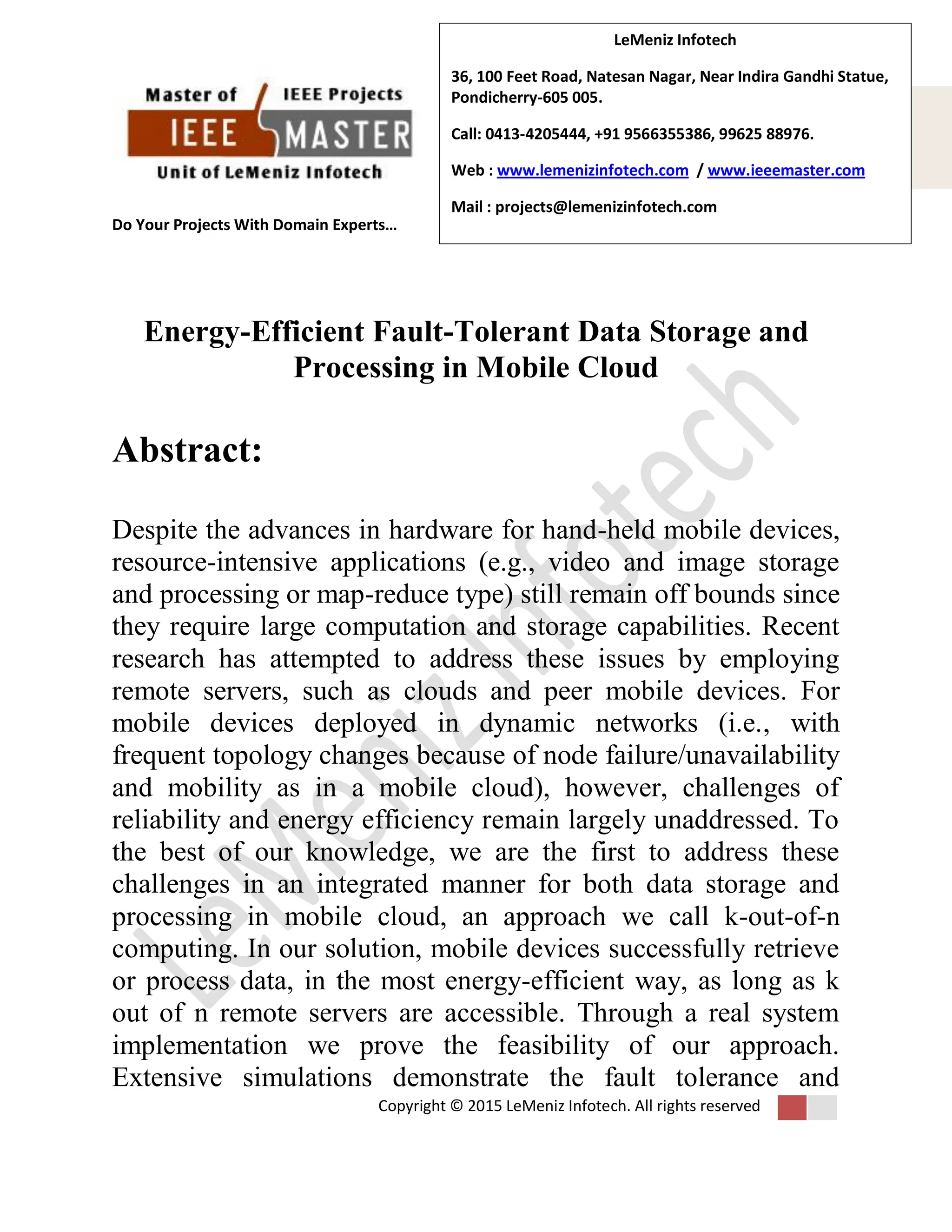 Energy efficient fault-tolerant data storage and processing in mobile cloud | PDF