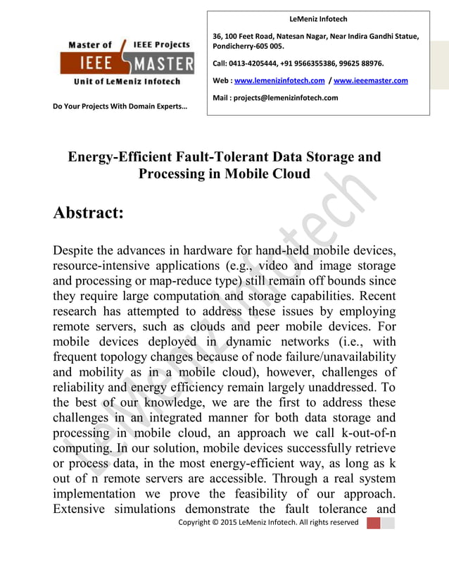 Energy Efficient Fault Tolerant Data Storage And Processing In Mobile