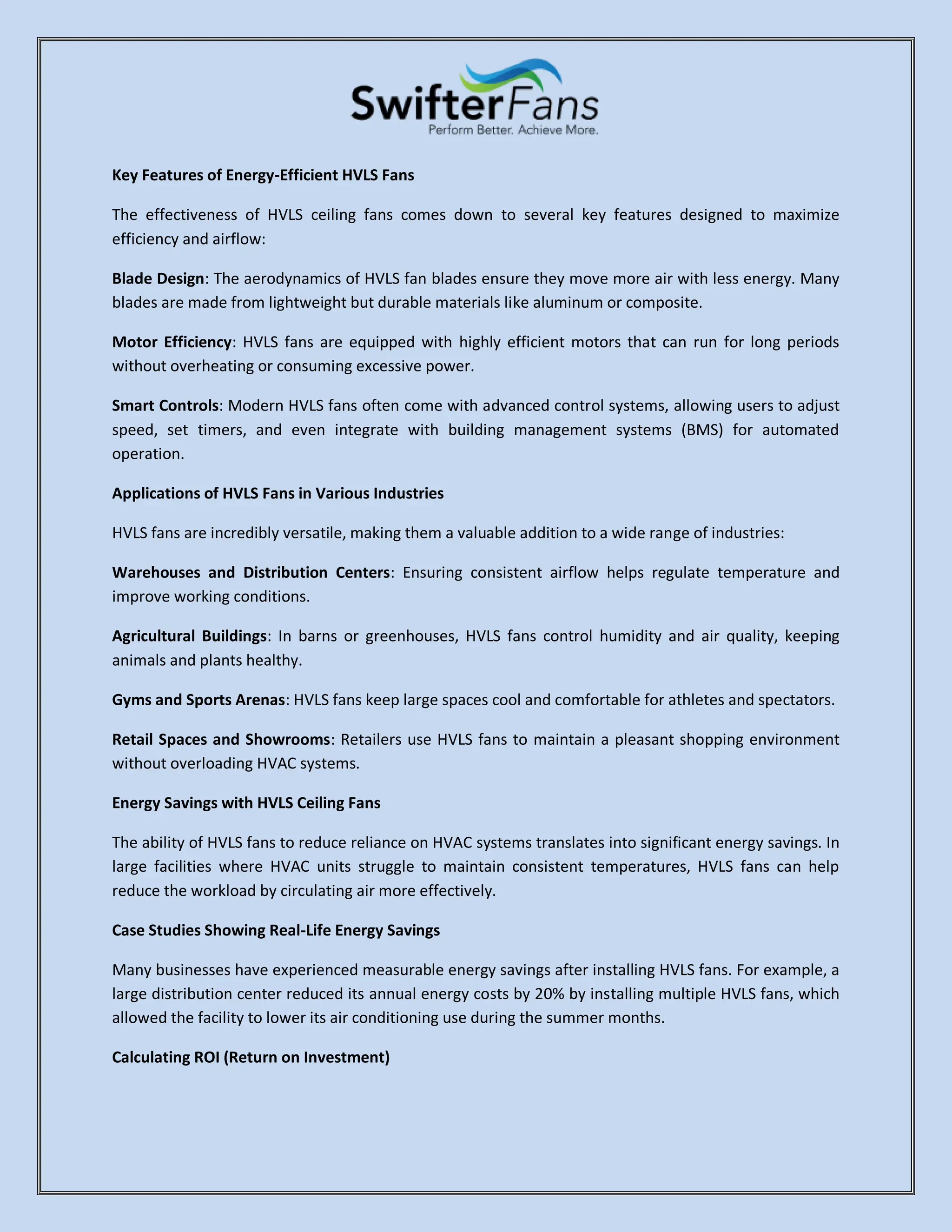 Energy-Efficient HVLS Ceiling Fans for Large Spaces and Warehouses | PDF