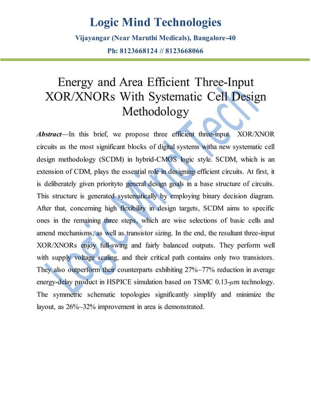 Energy and area efficient three input xor xno rs with systematic cell design methodology | PDF