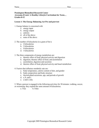 Energy balance act pre and post test Unit 1 | PDF