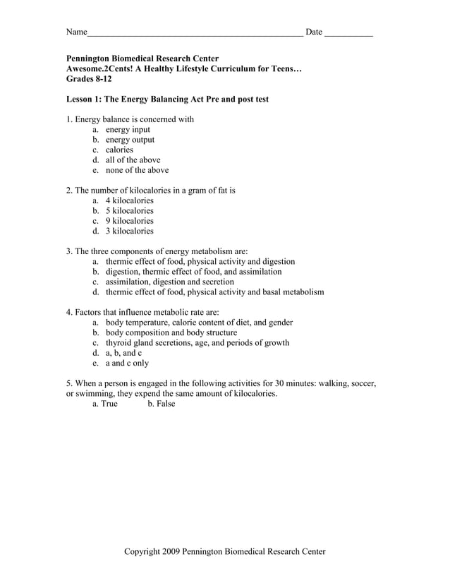 Energy balance act pre and post test Unit 1 | PDF