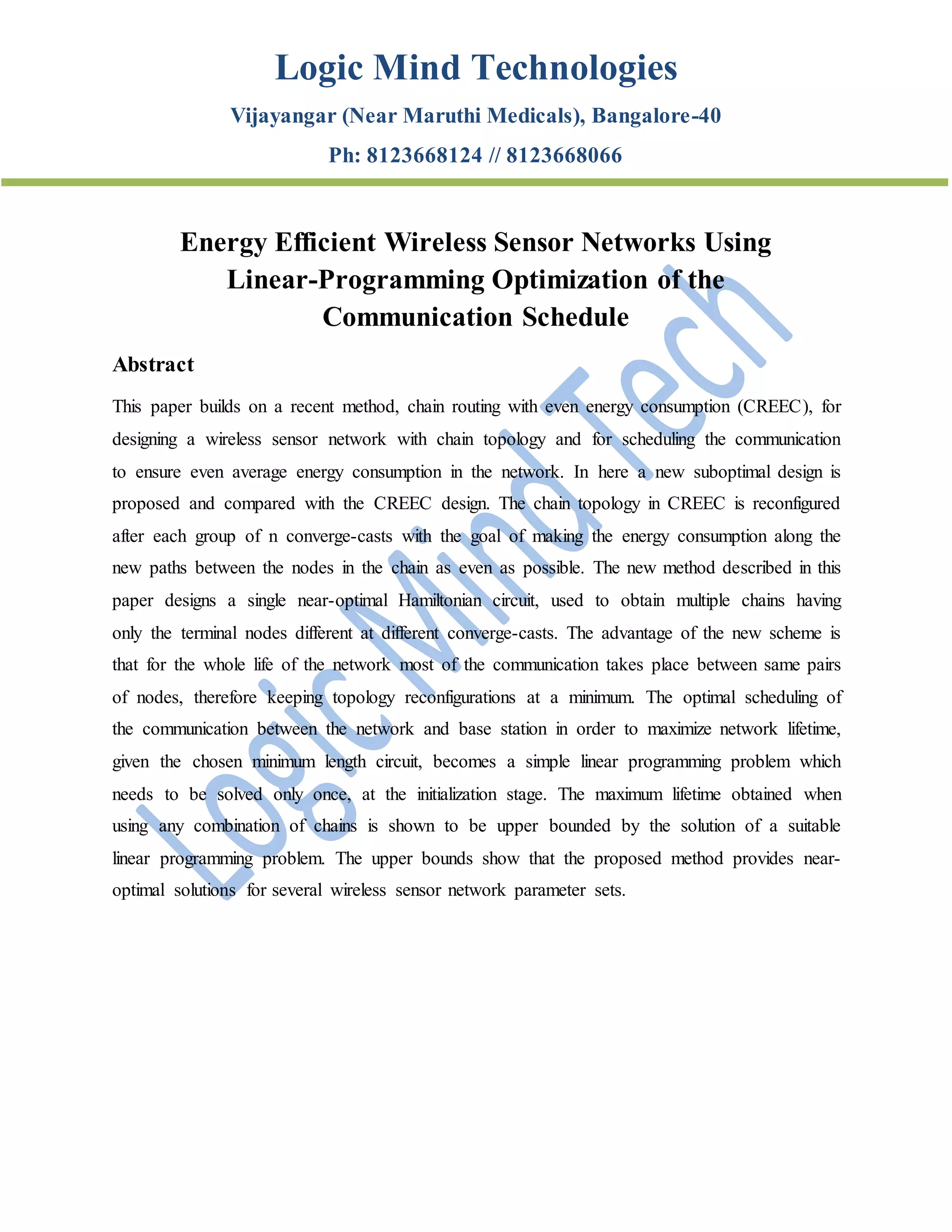 Energy Efficient Wireless Sensor Networks Using Linear Programming