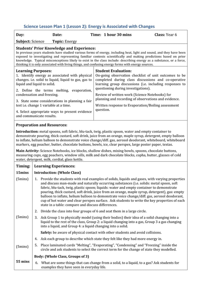 Energy Lesson Plans | DOC | Educational Assessment | Education