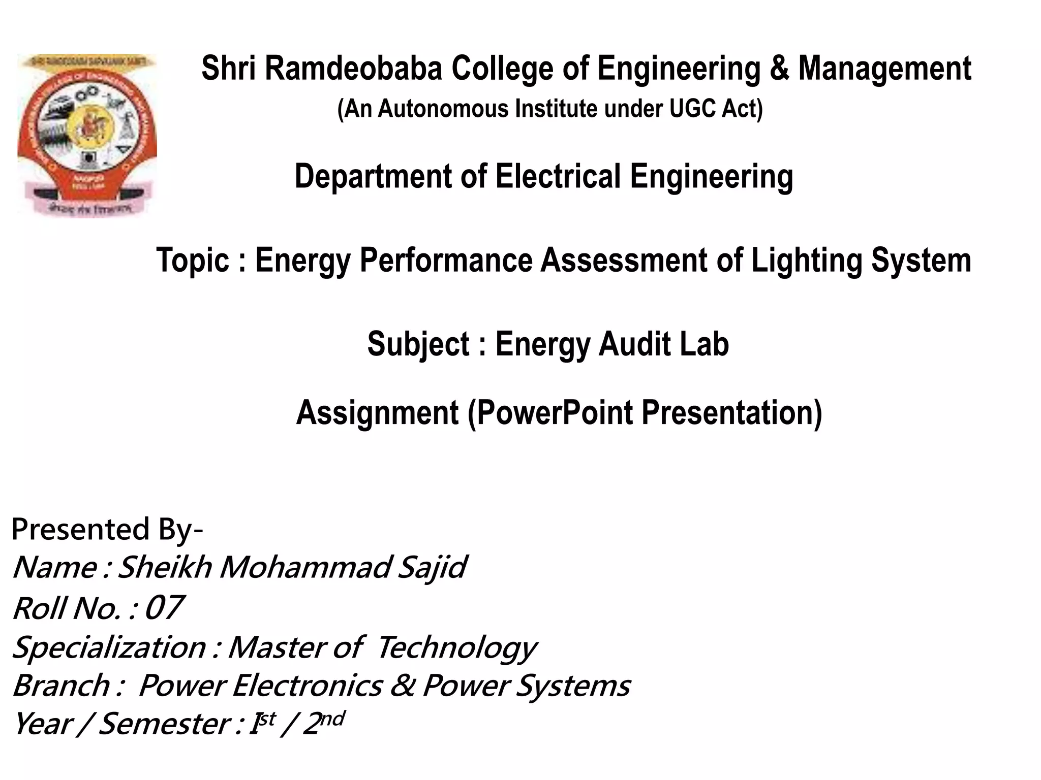 Energy performance assessment of lighting systems | PPTX