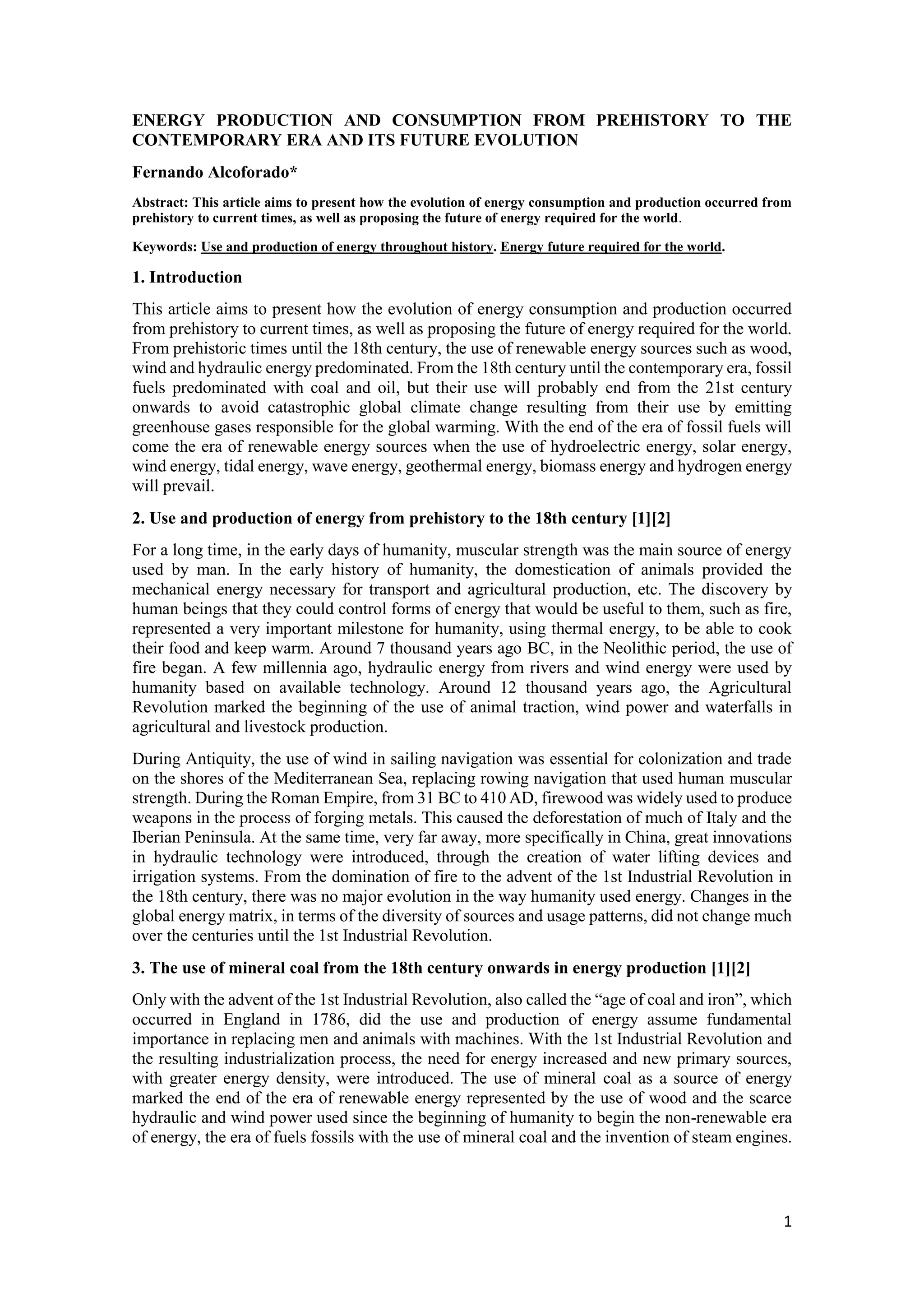 ENERGY PRODUCTION AND CONSUMPTION FROM PREHISTORY TO THE CONTEMPORARY ...