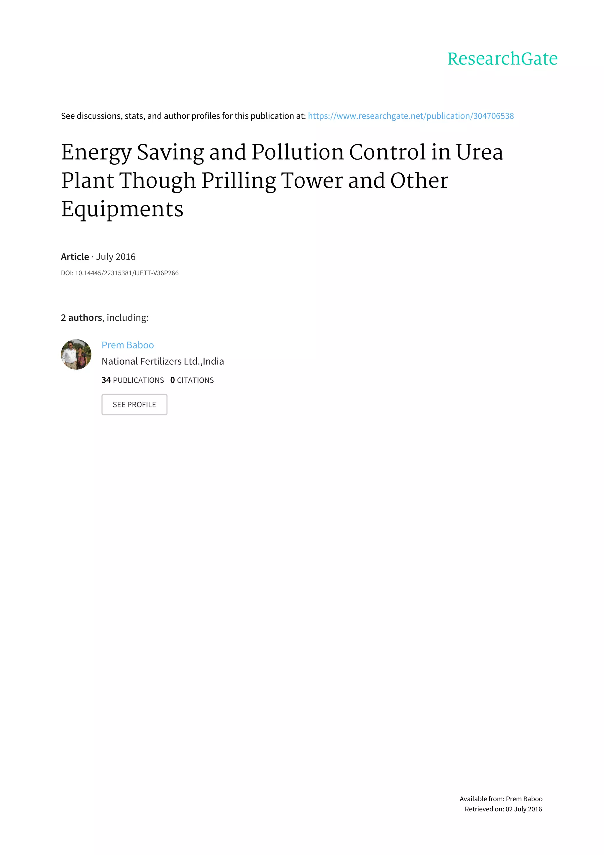 Energy saving and pollution control in urea plant though prilling tower ...