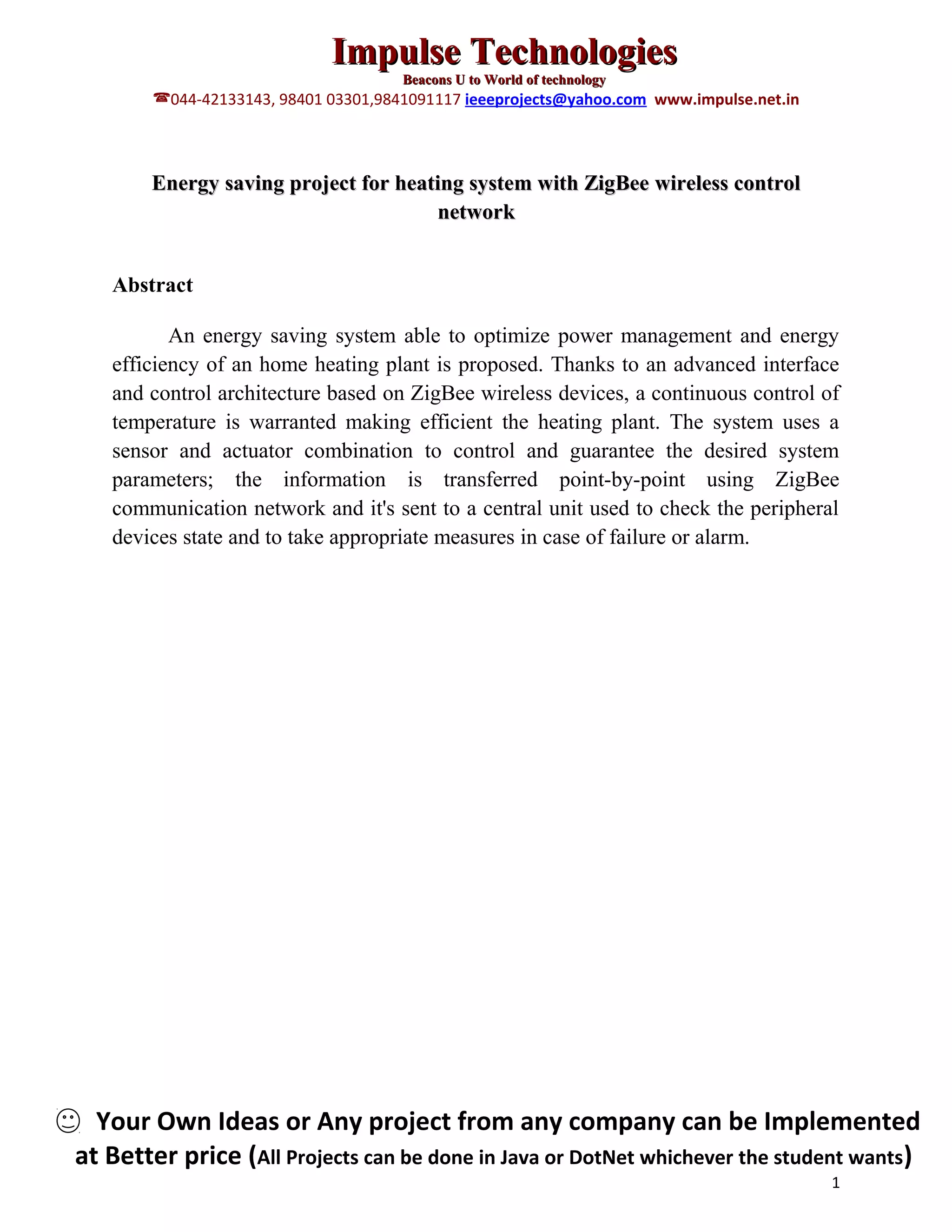 Energy saving project for heating system with zig bee wireless control ...