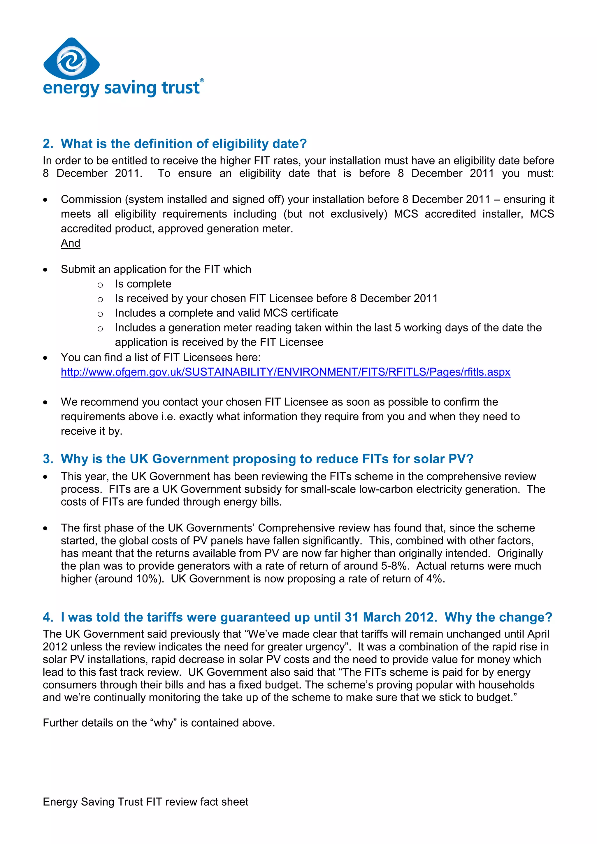LEAKED: Energy Saving Trust FIT review fact sheet | PDF