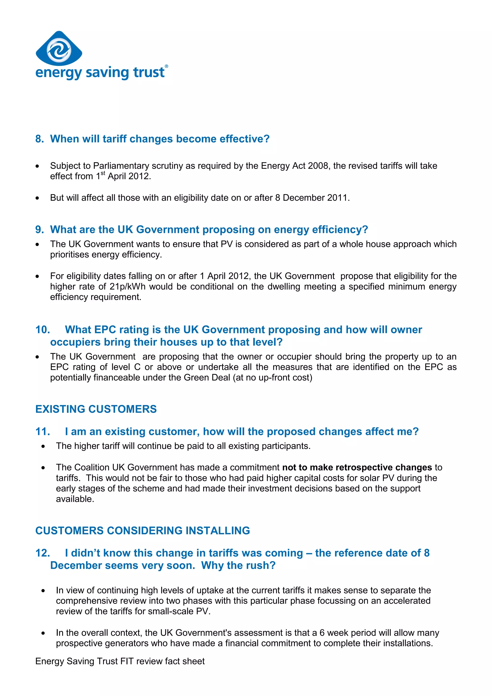 LEAKED: Energy Saving Trust FIT review fact sheet | PDF