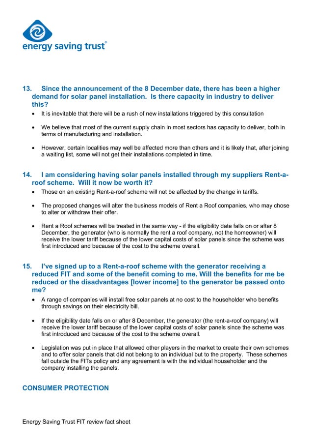 LEAKED: Energy Saving Trust FIT review fact sheet | PDF