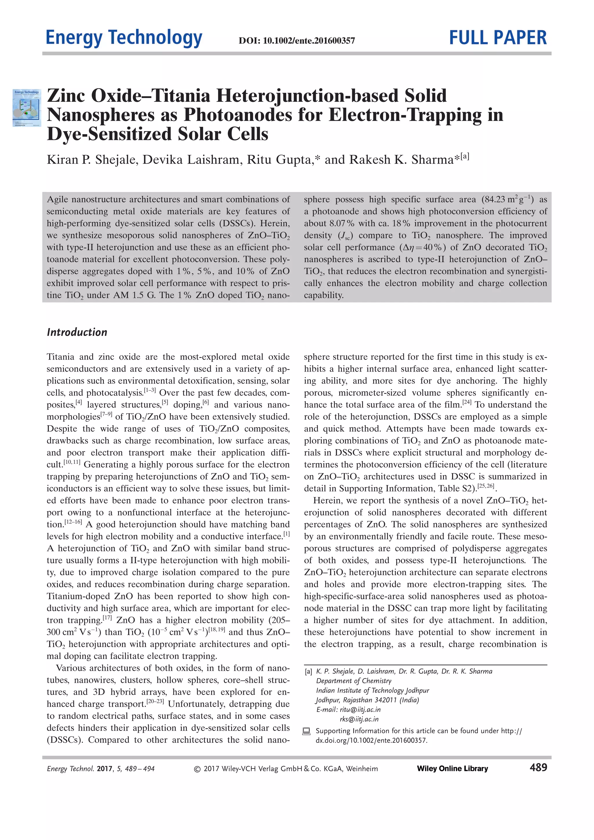 Zinc Oxide–Titania Heterojunction-based Solid Nanospheres as ...