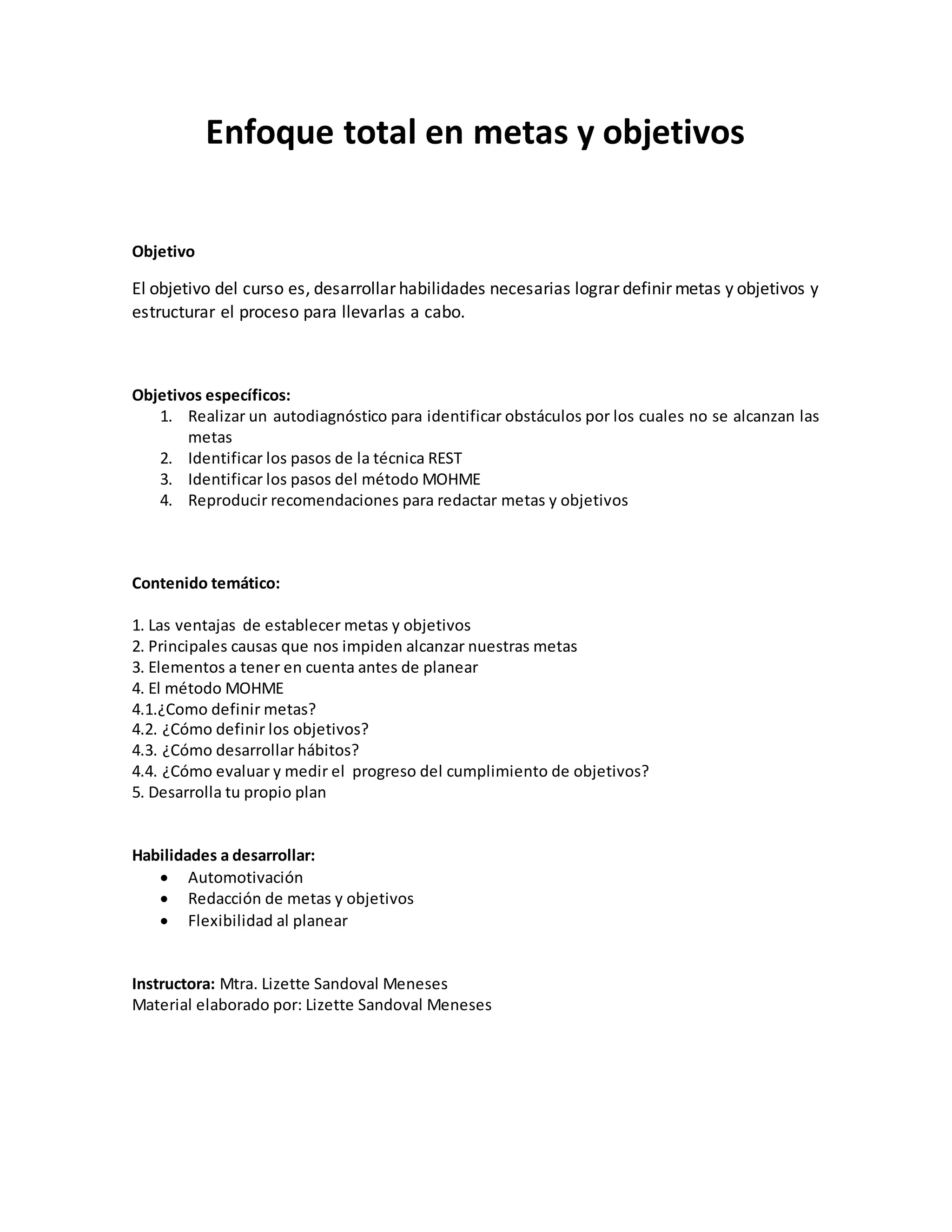Enfoque total en metas y objetivos. Manual de participante | PDF