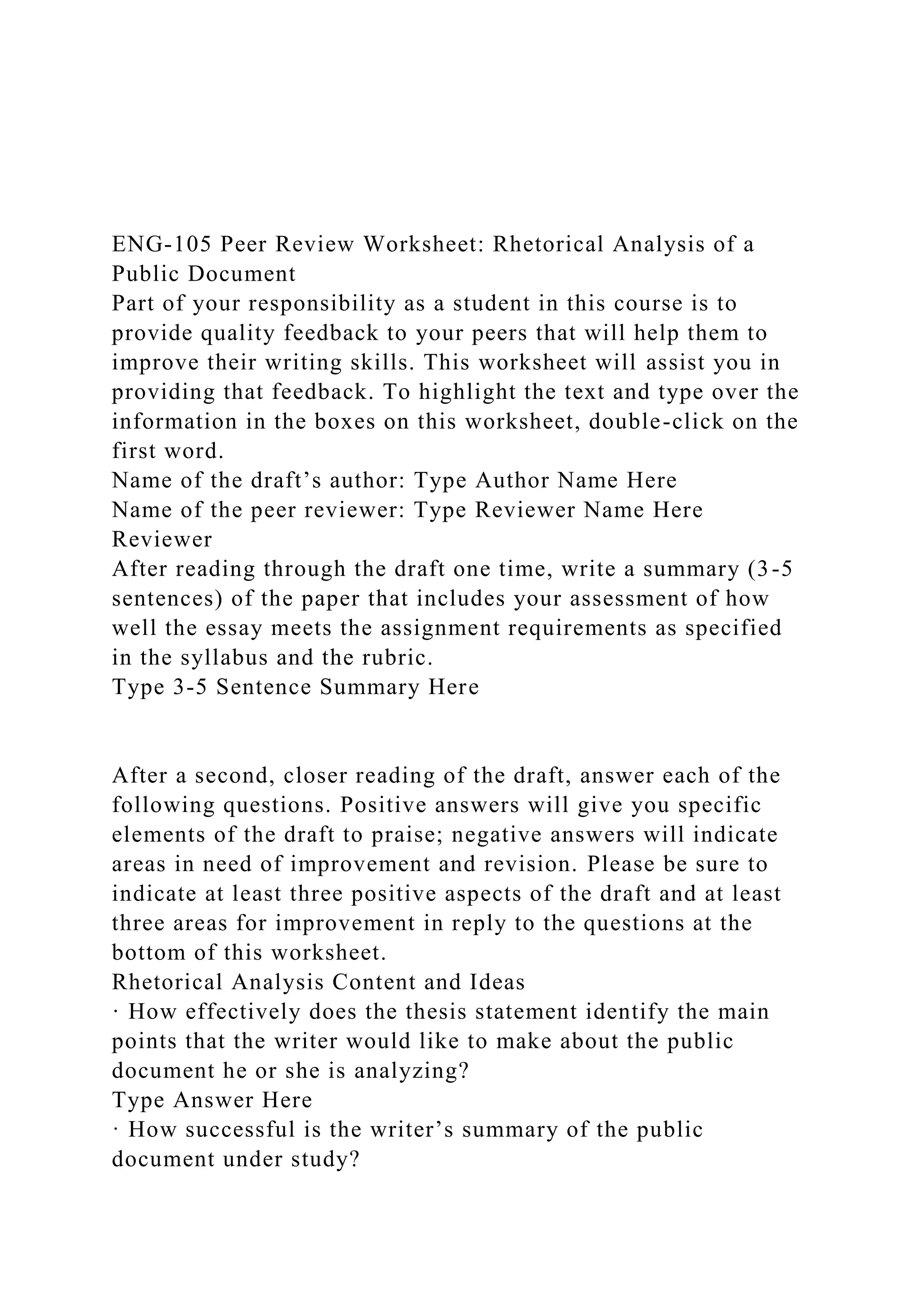 ENG-105 Peer Review Worksheet Rhetorical Analysis of a Public.docx