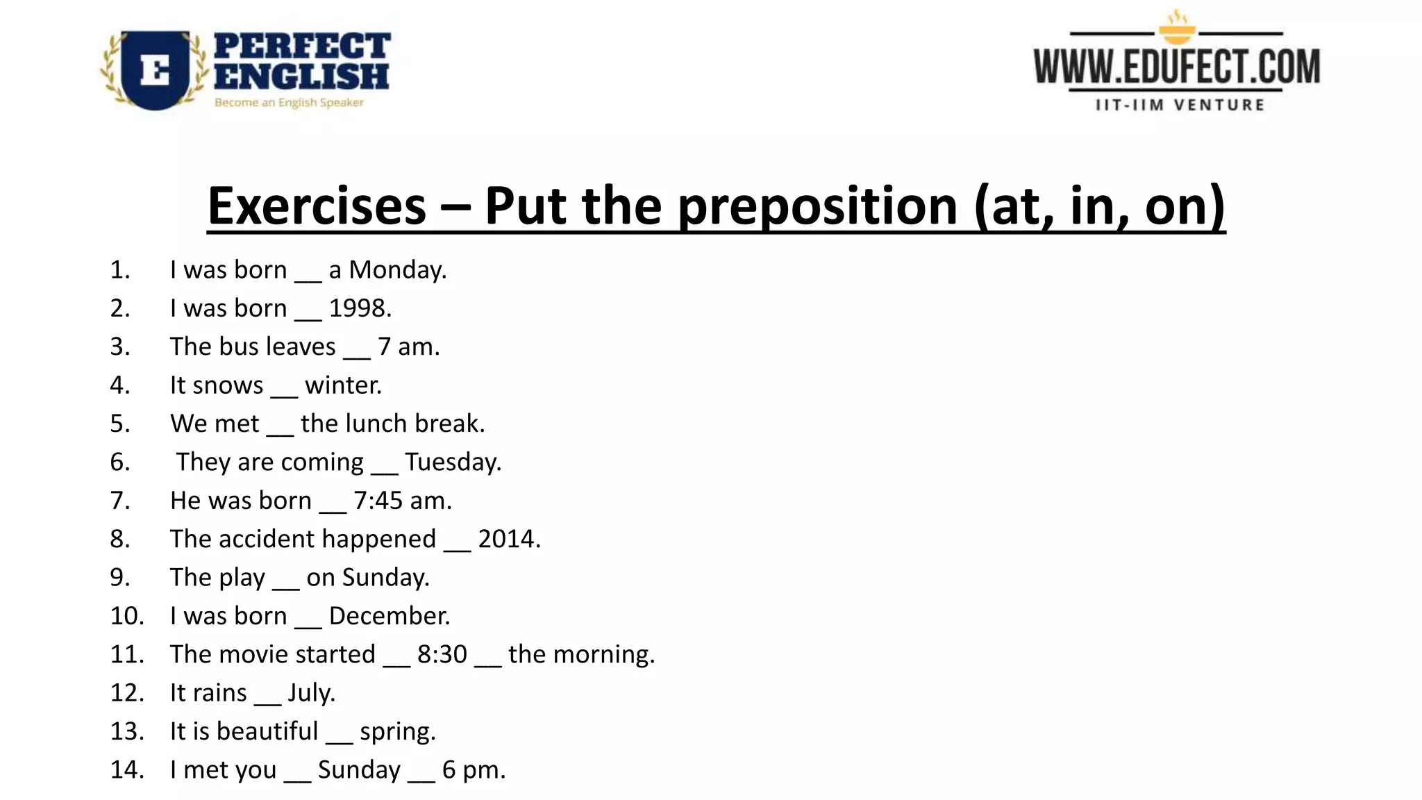 Prepositions in English Grammar - Time (at , on, in) and Place (At, on ...