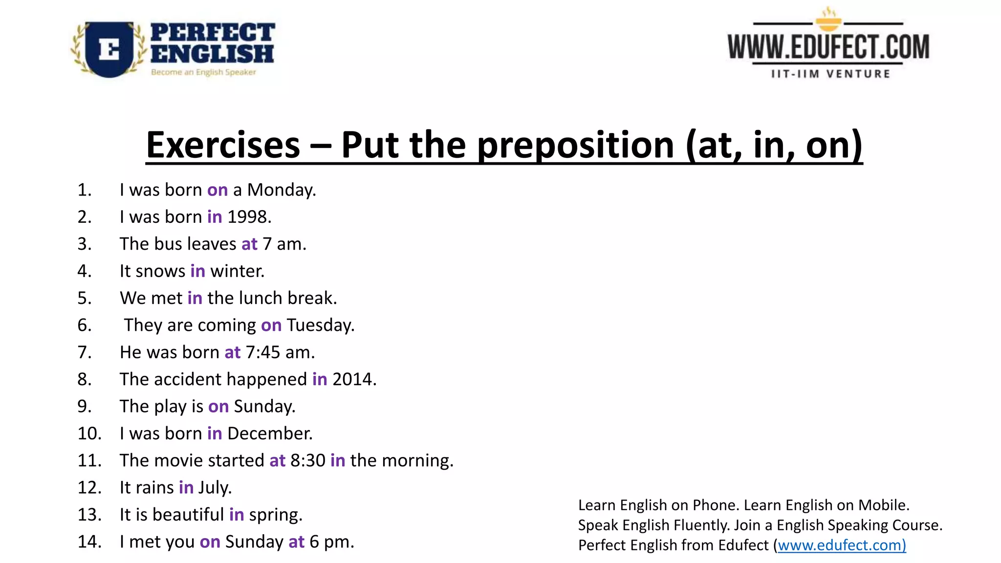 Prepositions in English Grammar - Time (at , on, in) and Place (At, on ...