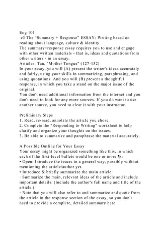 Eng 101 e3 The Summary + Response” ESSAY Writing based on read.docx