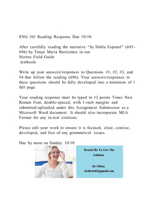 Eng 101 reading response due 1010 after carefully reading th | DOCX