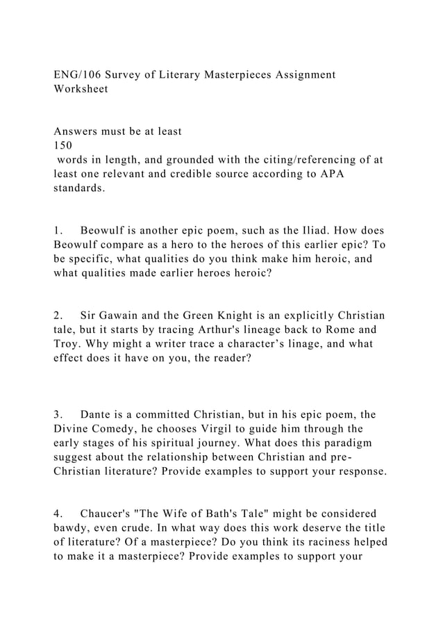 ENG106 Survey of Literary Masterpieces Assignment WorksheetAn | DOCX | Christianity | Religion ...